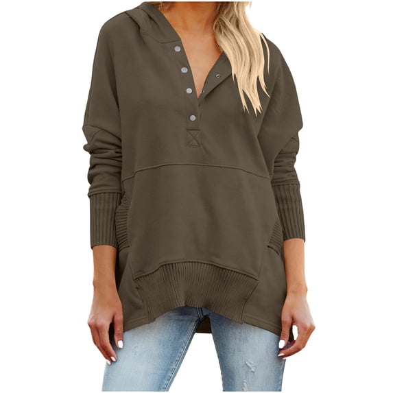 Ecqkame Womens Oversized Hoodies Casual Button V Neck Hooded Pullover ...