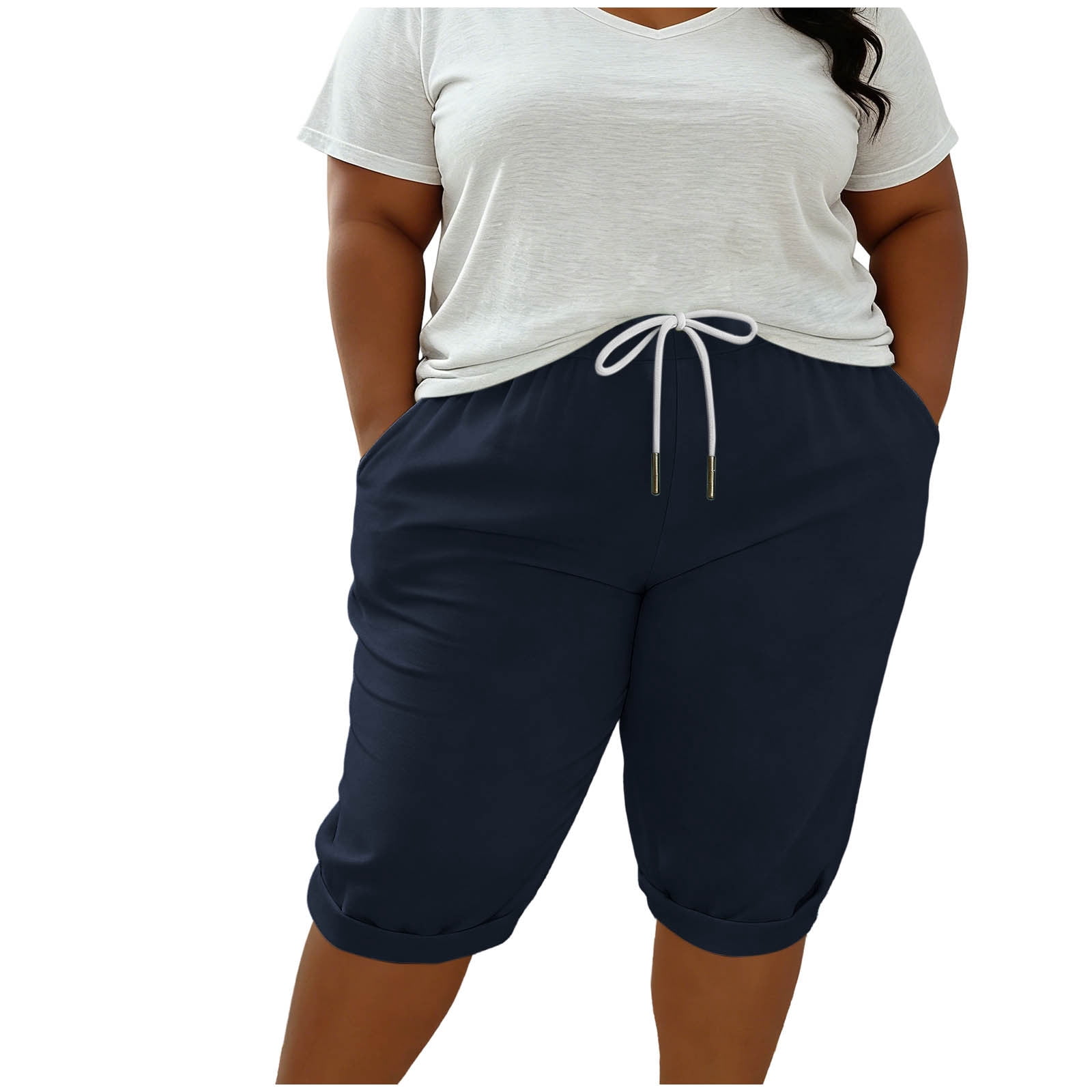 Ecqkame Womens Plus Size Capri Pants Casual Loose Solid Color Elastic ...