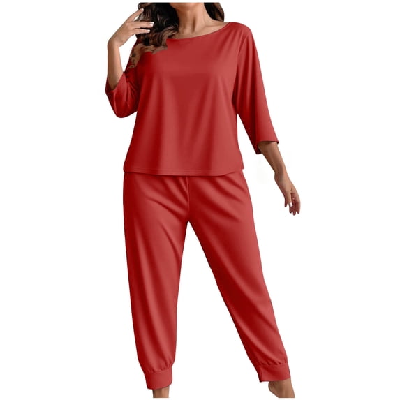 Ecqkame Womens Plus Size Pajamas Set Solid Color Long Sleeves Crewneck ...