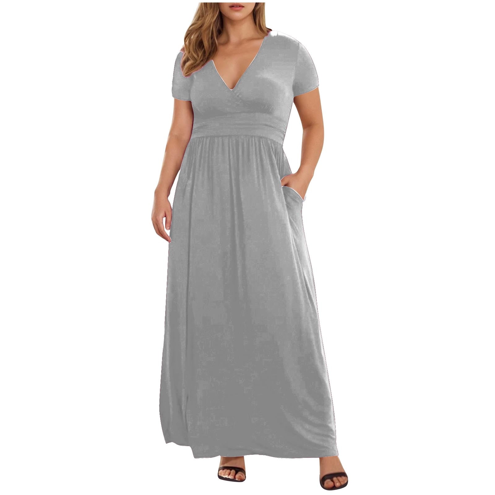 Ecqkame Womens Plus Size Summer Dress Casual V-Neck Short Sleeve Maxi ...