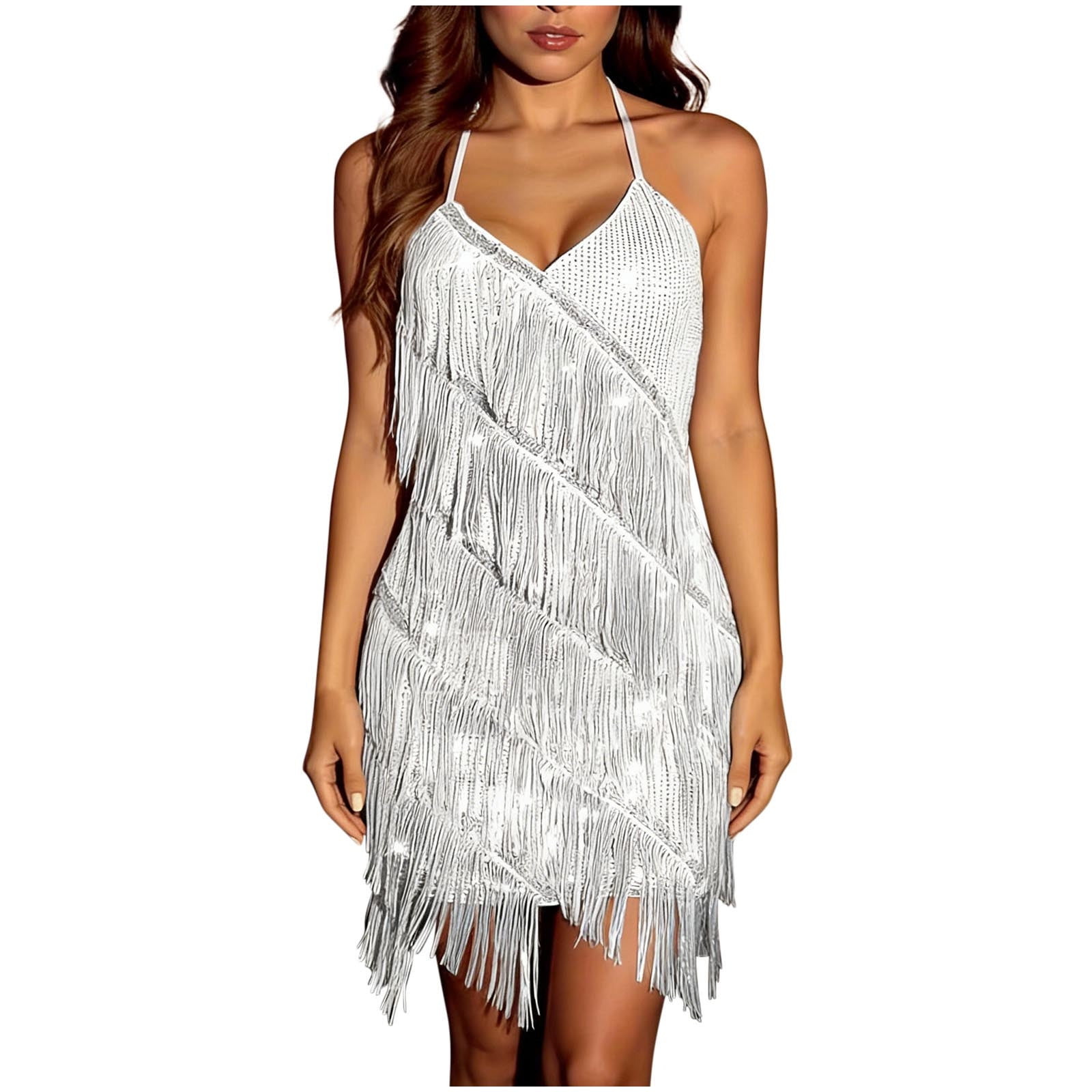 Ecqkame Womens Sequin Tassel Ball Gown Dresses Fashion Sleeveless V ...