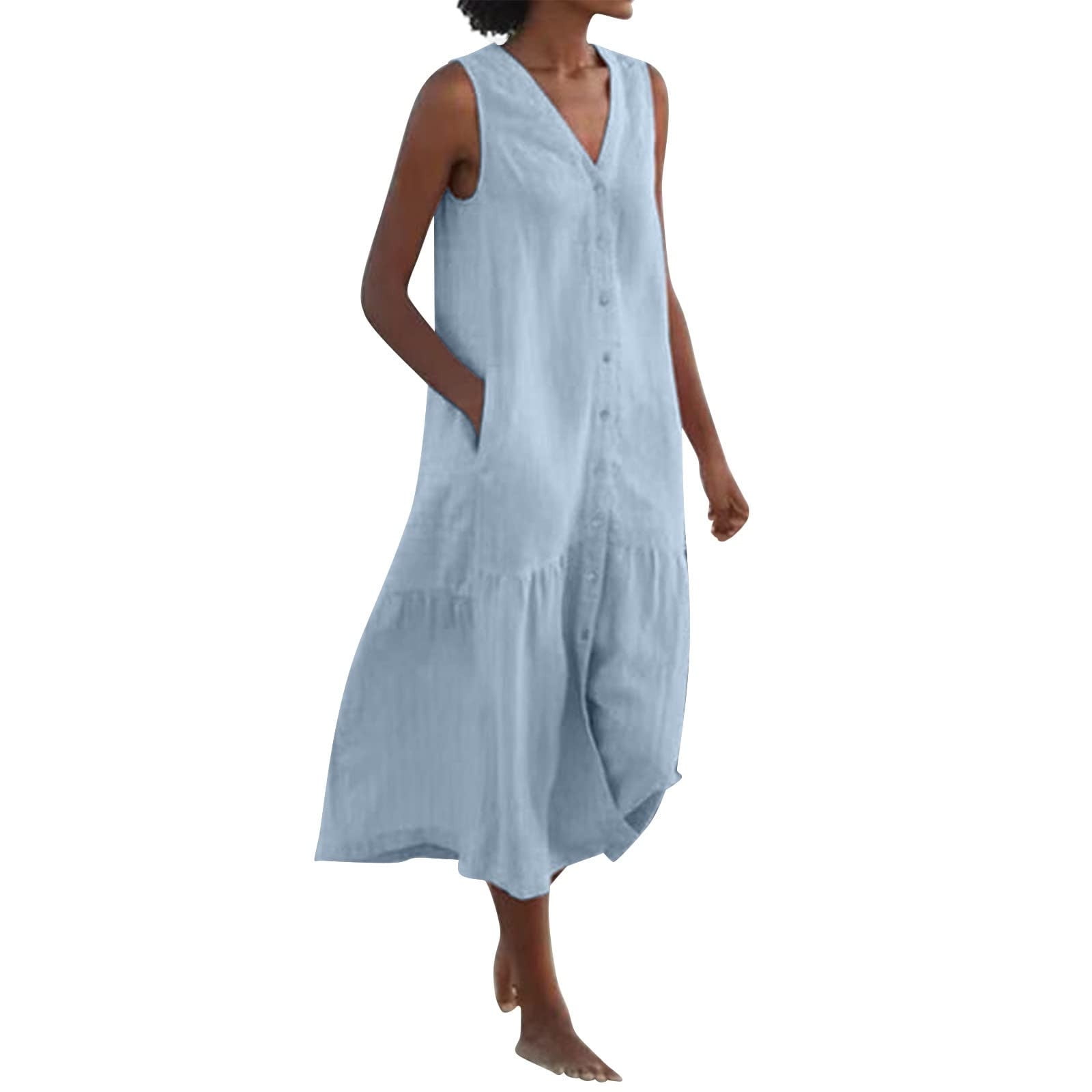 Ecqkame Womens Summer Dresses Fashion Solid Solor Loose V-Neck ...