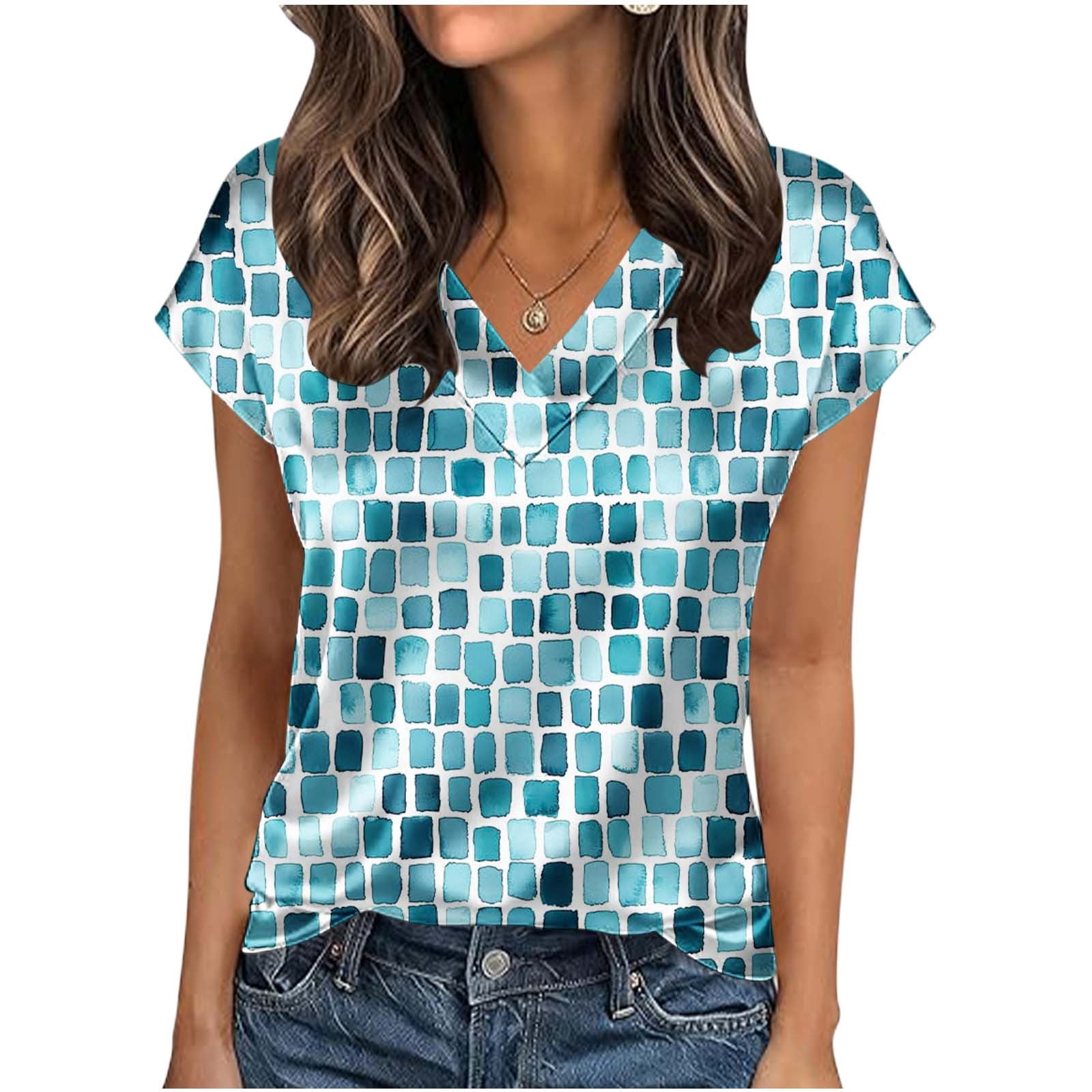 Ecqkame Womens Tunic Shirt Short Sleeve V Neck Print Summer Tops Slim ...