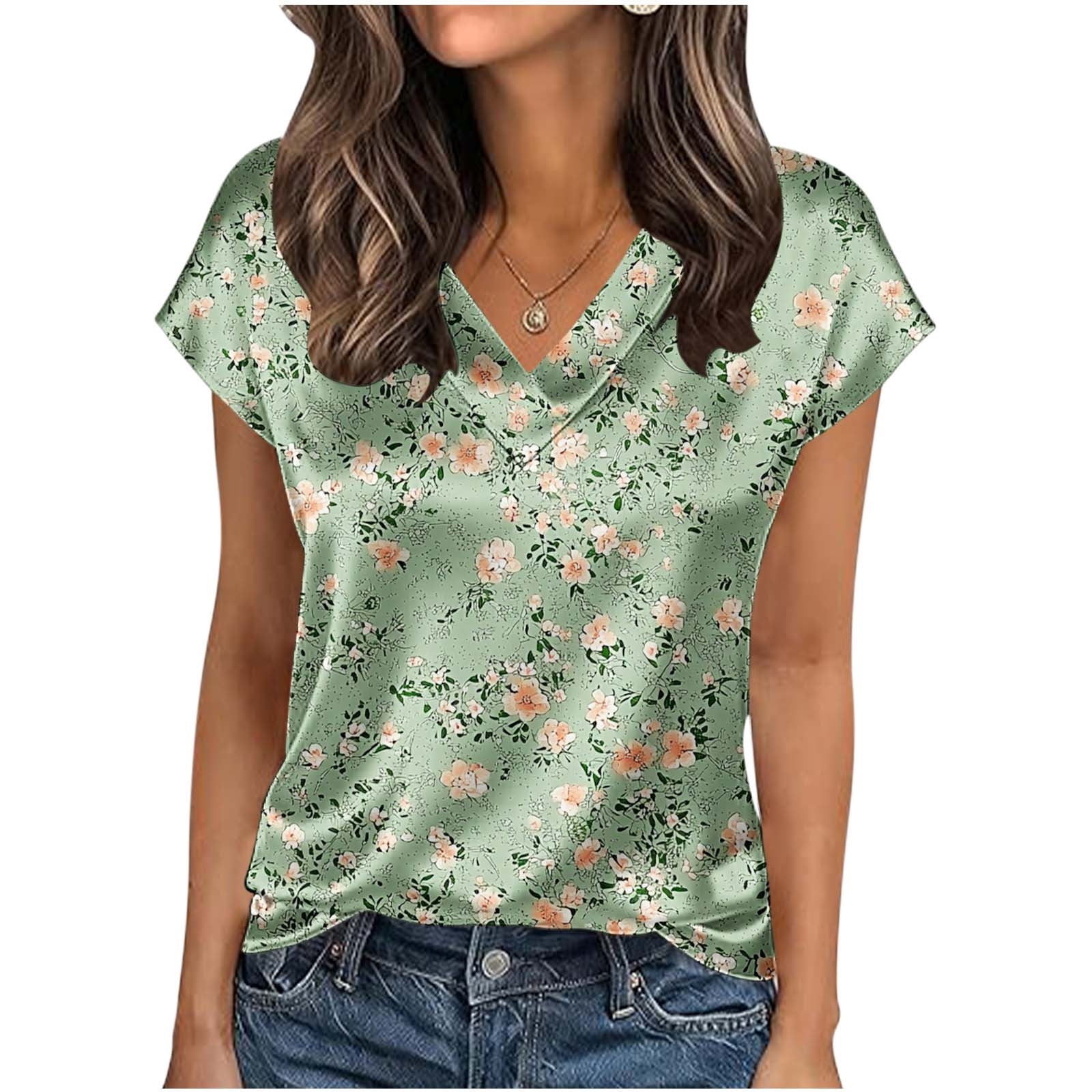 Ecqkame Womens Tunic Shirt Short Sleeve V Neck Print Summer Tops Slim ...