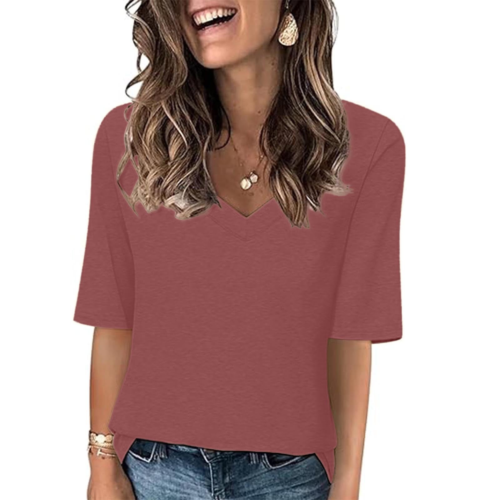 Ecqkame Summer Trendy Tops Women Elbow-Length V-Neck Solid Color Shirts ...