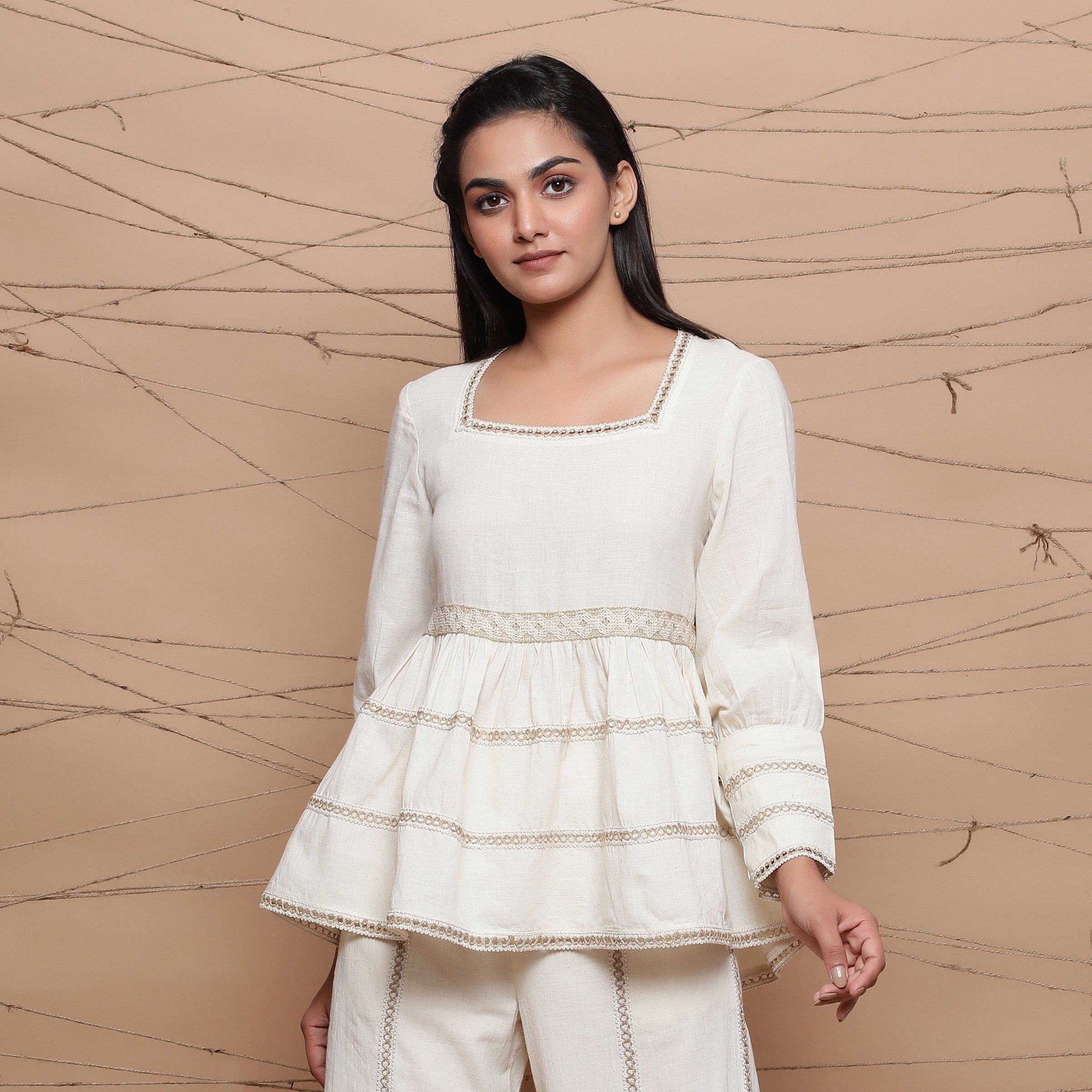 Ecru Jute Laced Handspun 100% Cotton Muslin Peplum Top - Walmart.com