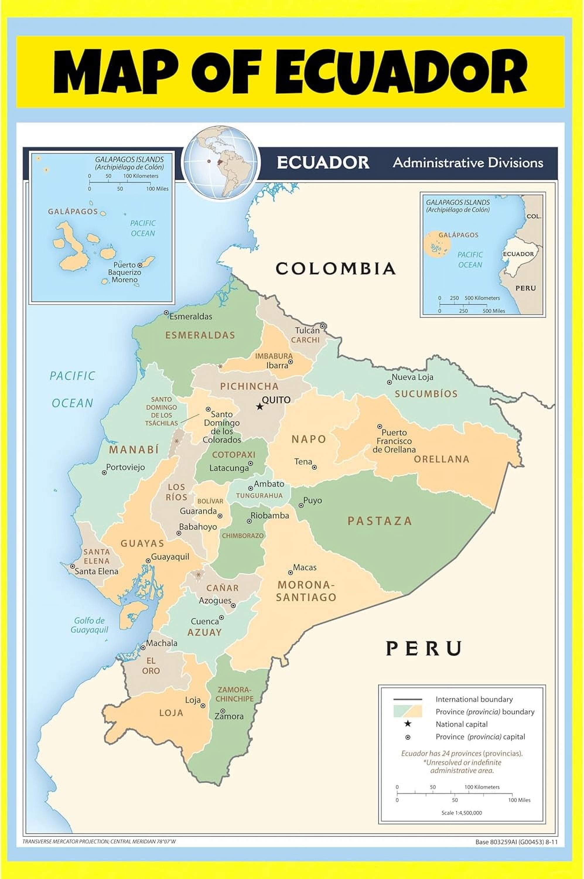 Ecuador Map Poster - Laminated Wall Map - 24x36 - Ideal for Classrooms ...