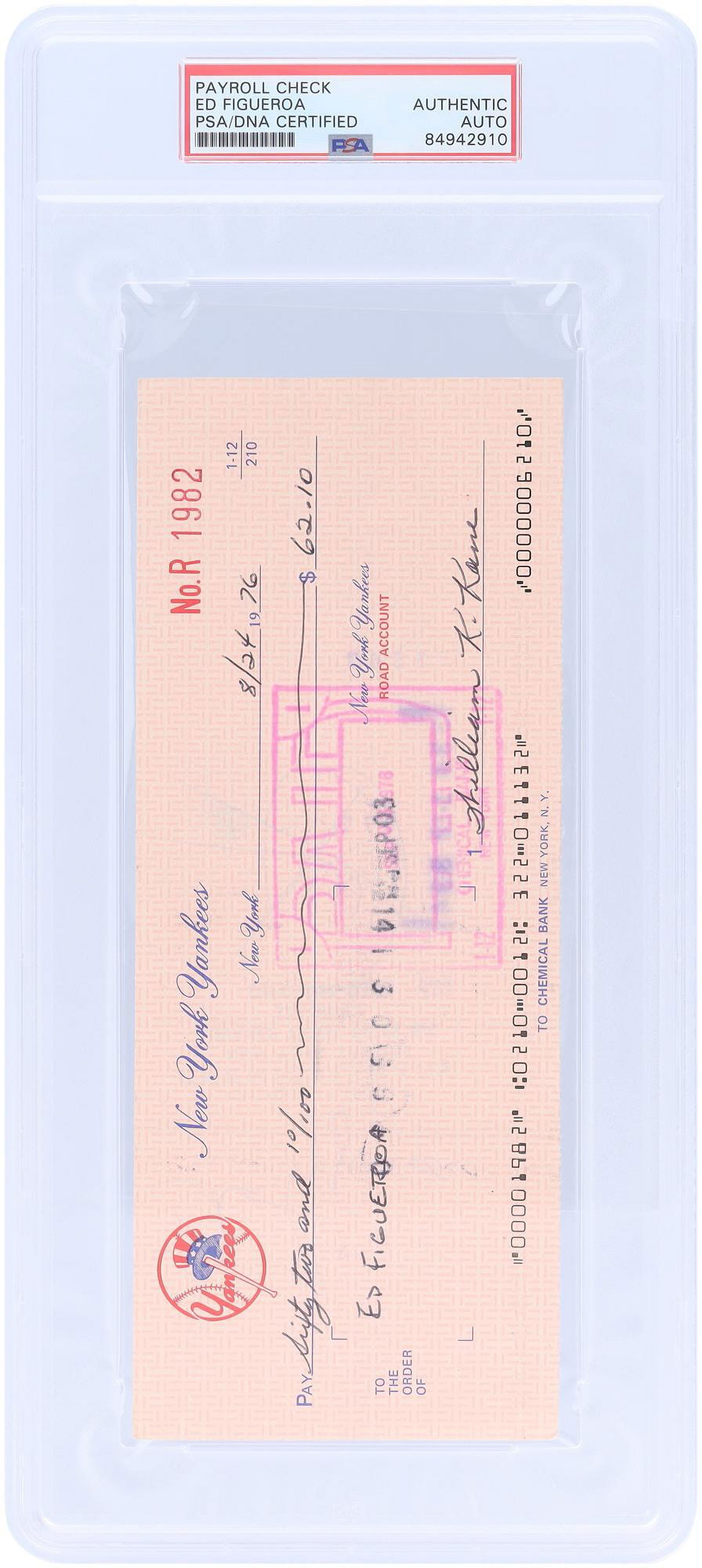 Ed Figueroa New York Yankees Autographed Check from August 24, 1976 ...