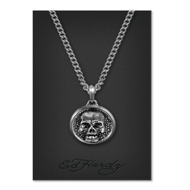 Ed Hardy Men's Antique Silver Tone Metal Skull Coin Pendant Necklace ...