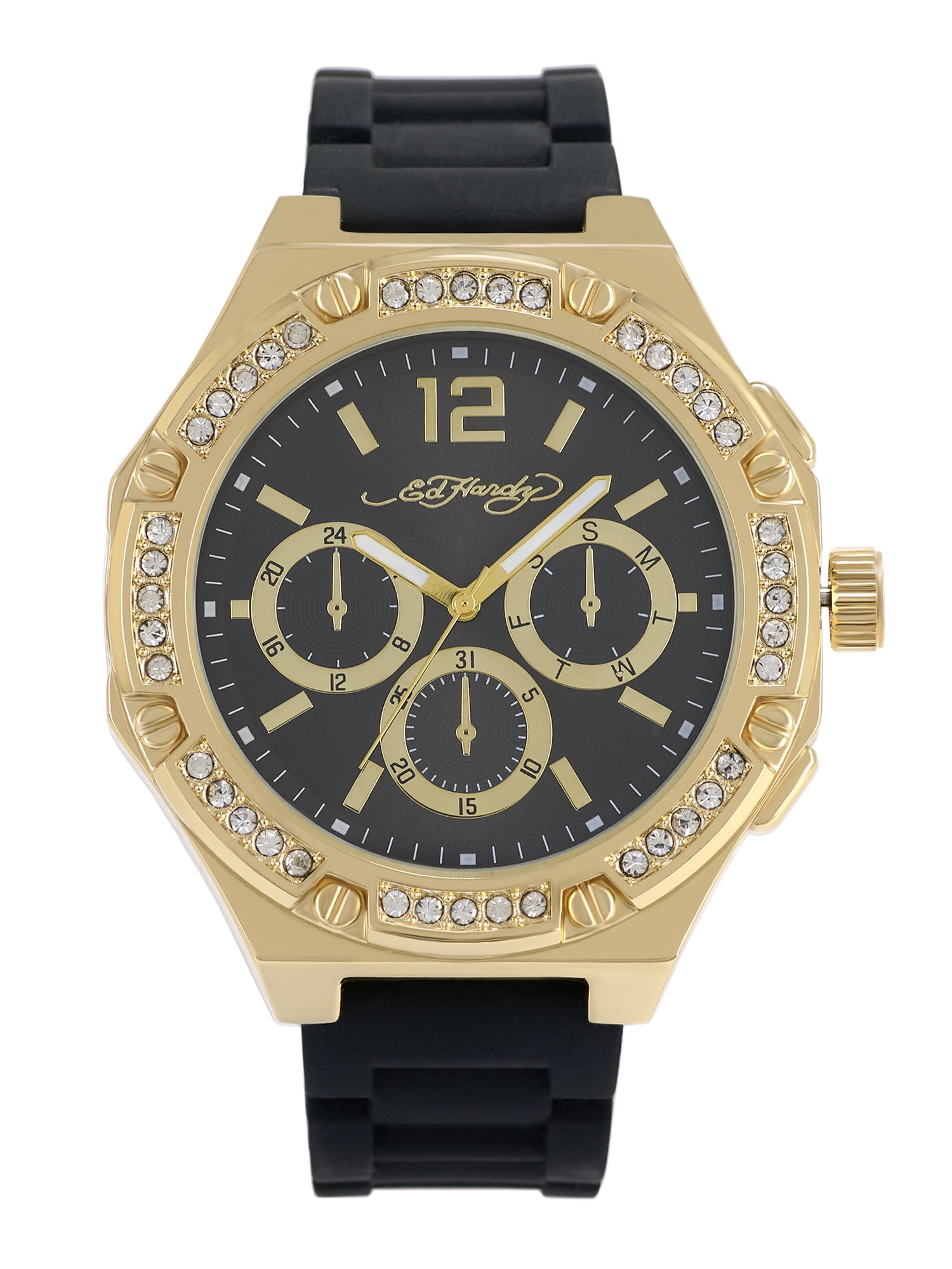 Ed Hardy Men's Black Silicone Strap Gold Analogue 56mm Watch with ...