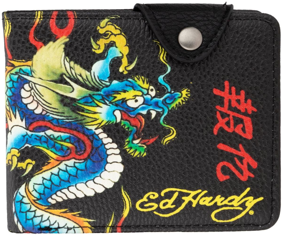 Ed Hardy Men's Dragon Print Snap Closure Bifold Black Wallet - Walmart.com