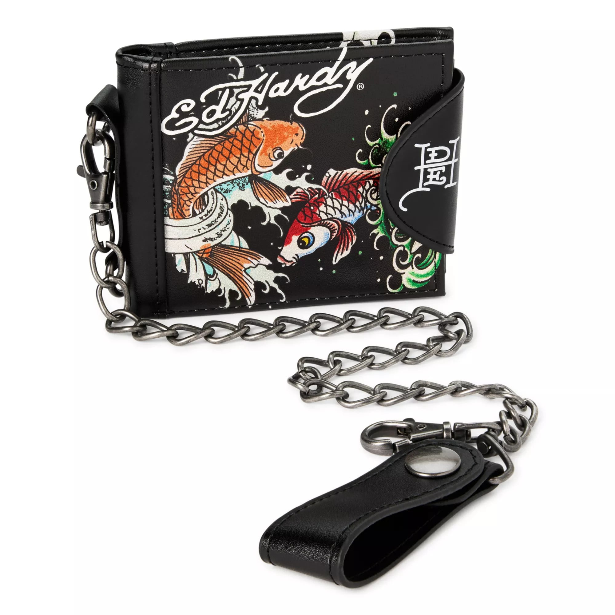 Ed Hardy Men's Fish Print Snap Closure Bifold Black Wallet With ...