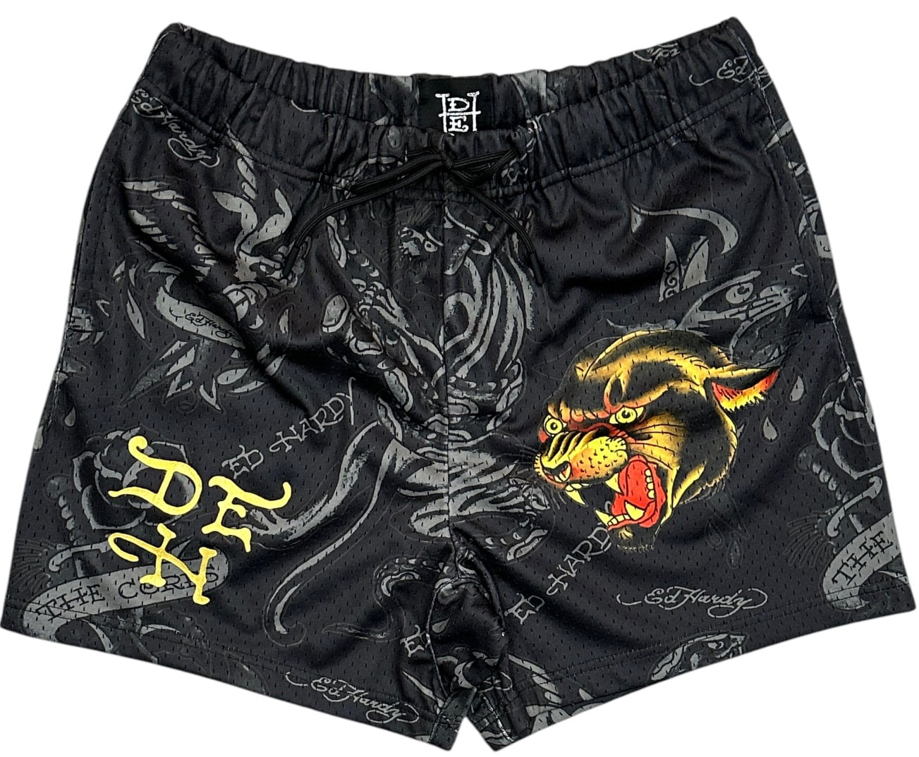 Ed Hardy Men's Panther Gold Metallic Foil Logo Double Ply Mesh Shorts ...