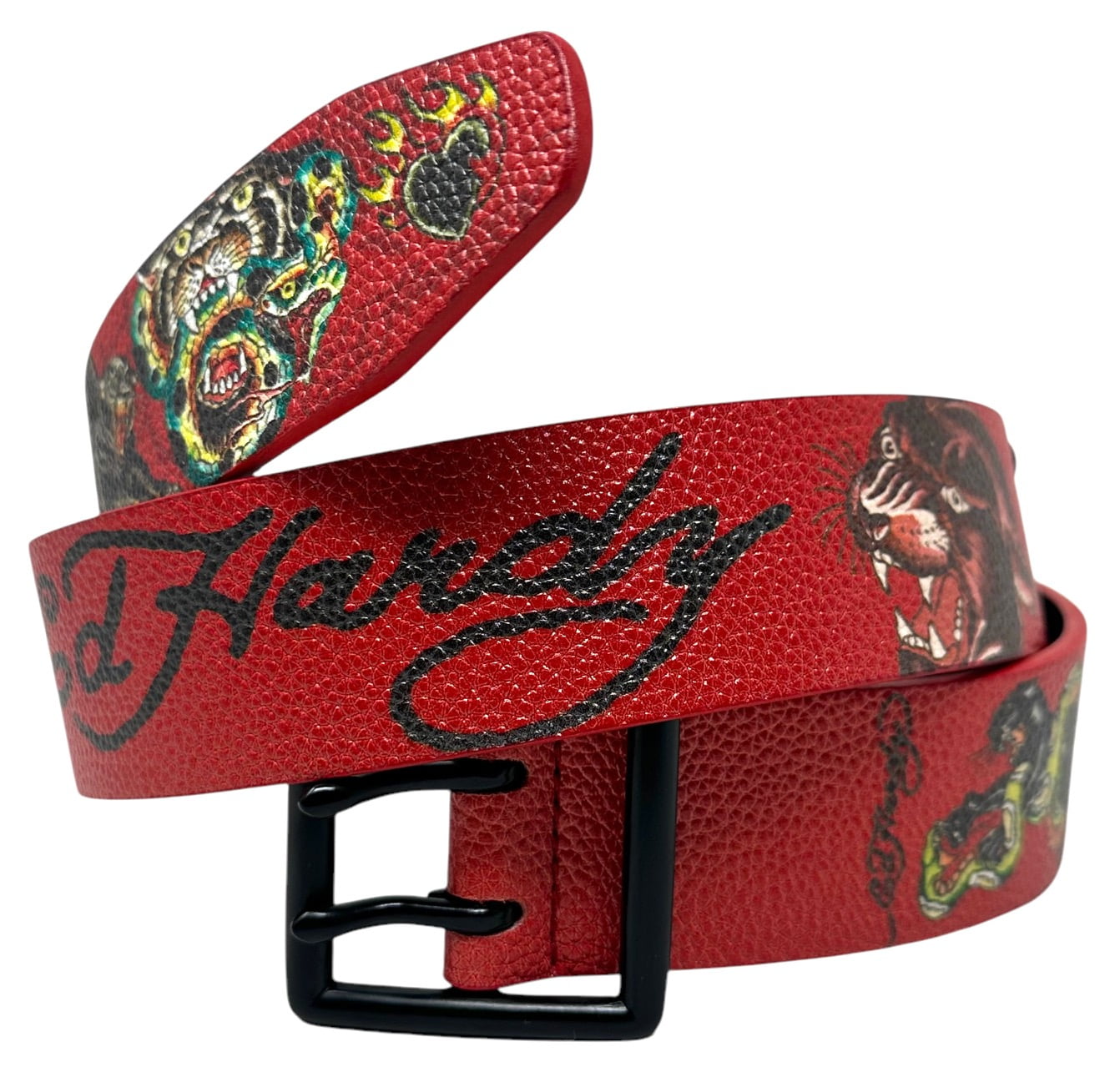 Ed Hardy Men's Panther Print Red Belt With Rivet Studs (34, Red ...