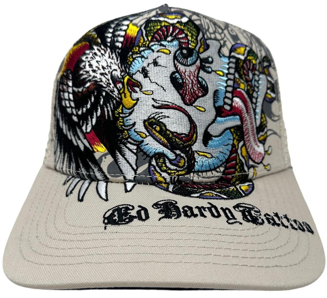 Ed Hardy Trucker Hat Embroidered Tattoo Battle Skull Cream Snapback ...