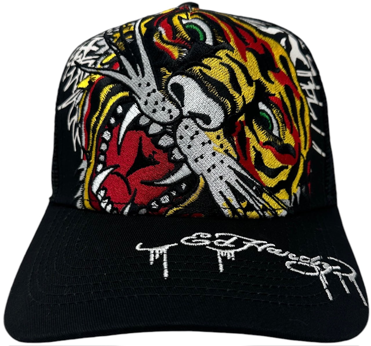 Ed Hardy Trucker Hat Embroidered Tattoo Double Tiger Black Mesh ...