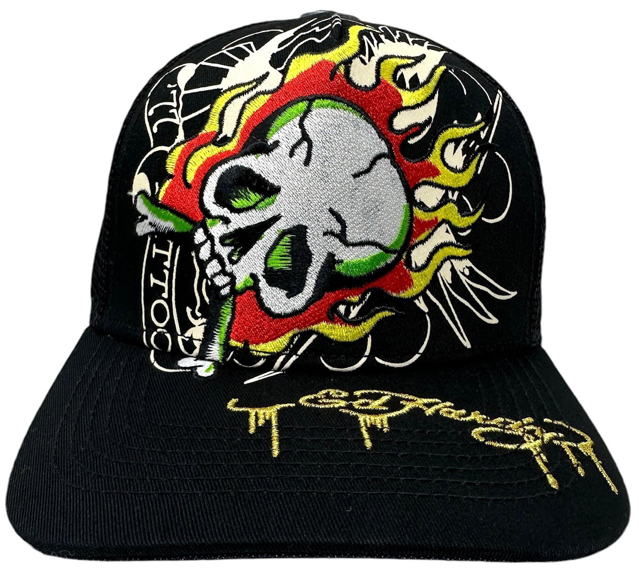 Ed Hardy Trucker Hat Embroidered Tattoo Fire Skull Black Mesh Snapback ...
