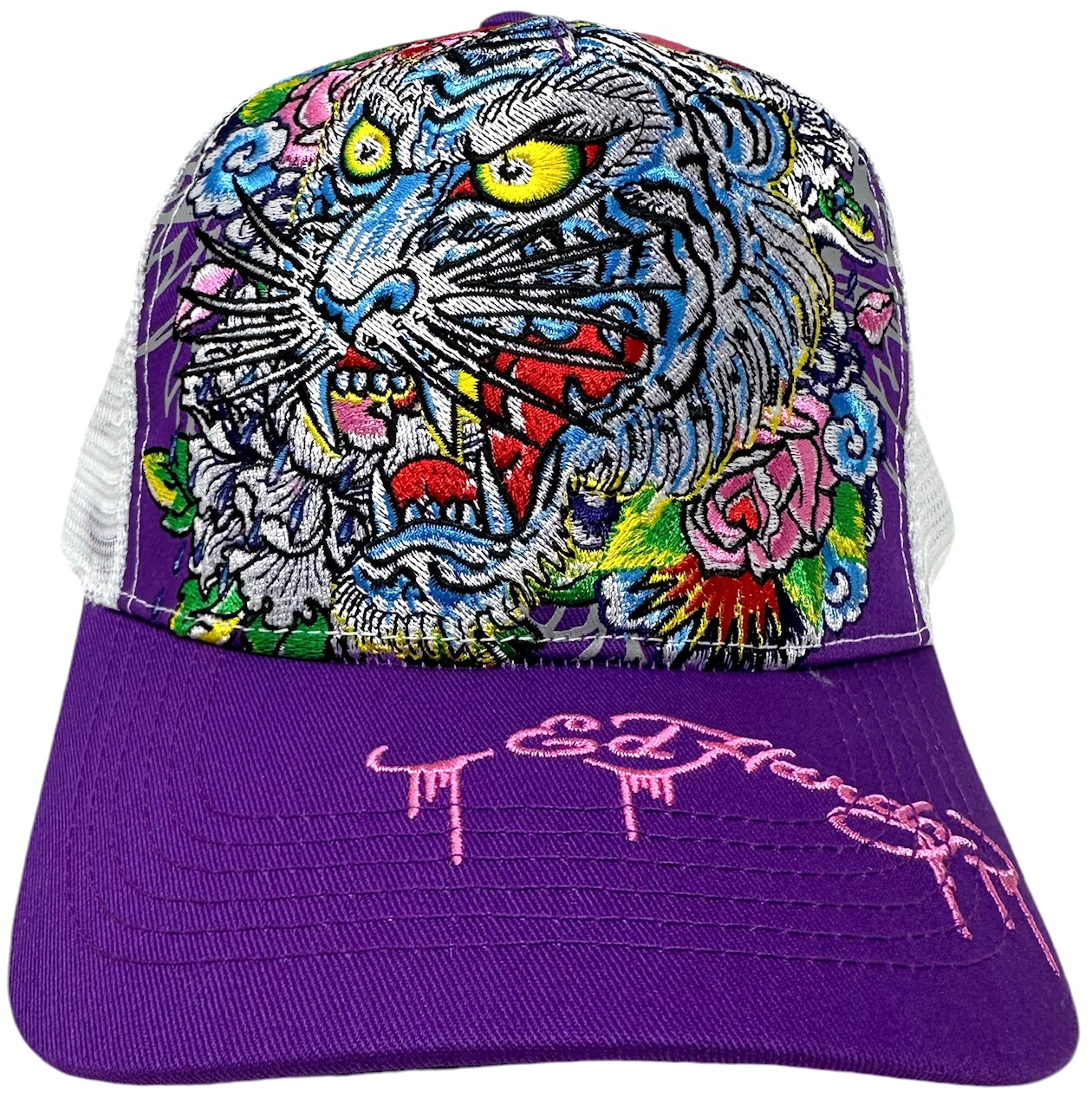 Ed Hardy Trucker Hat Embroidered Tattoo Floral Tiger Purple White ...