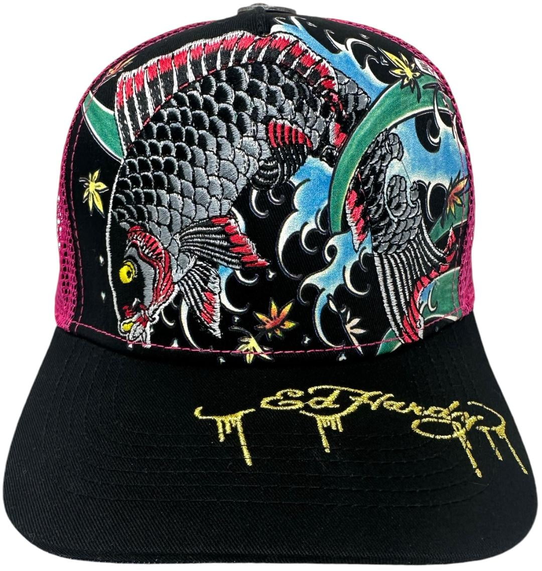 Ed Hardy Trucker Hat Embroidered Tattoo Koi Fish Black/Purple Mesh ...