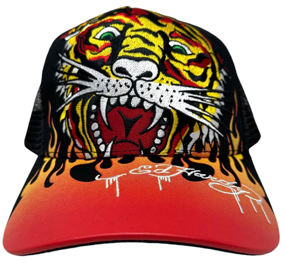 Ed Hardy Trucker Hat Embroidered Tattoo Tiger Flame Black Snapback Cap ...