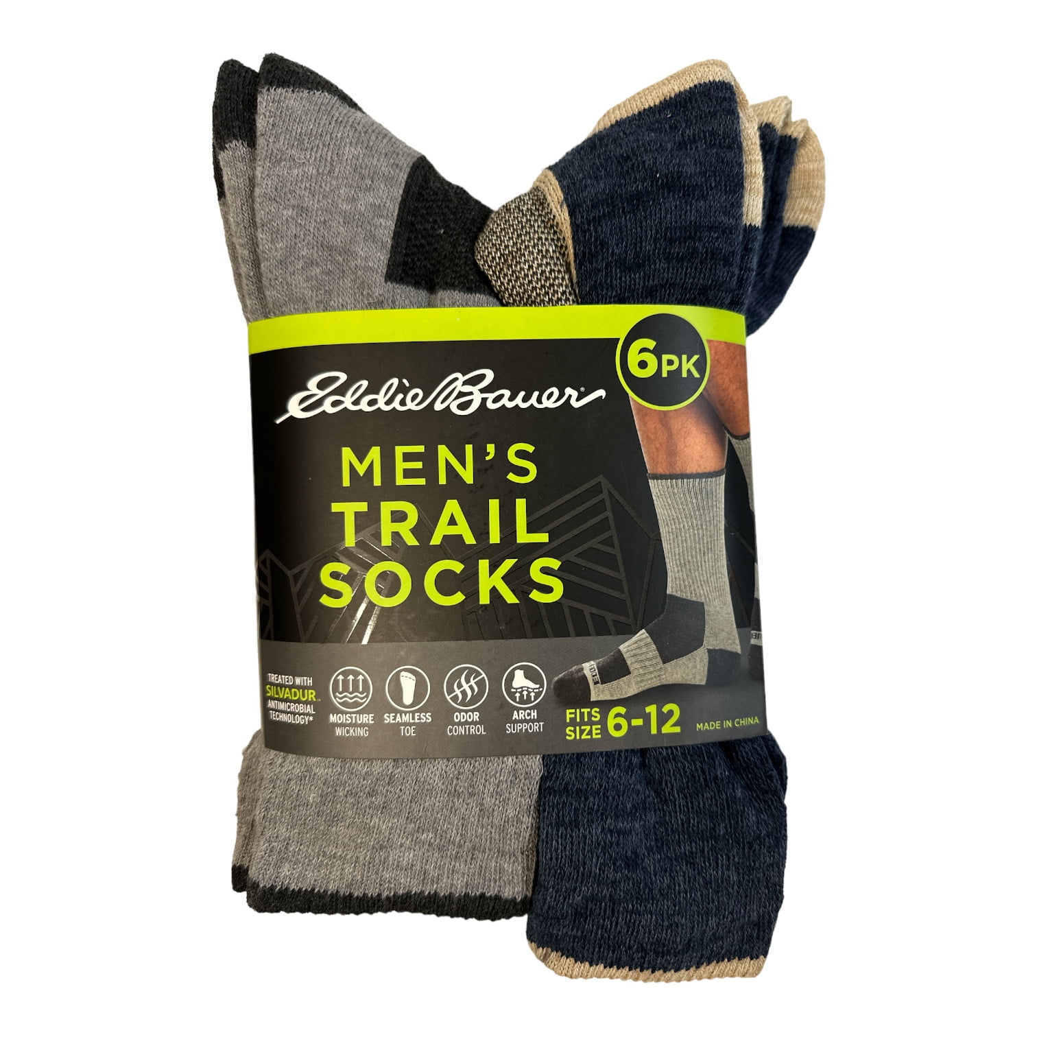 Eddie Bauer Men's 6pk Trail Socks Blue Cream / Heather Grey Sz Large (6 ...