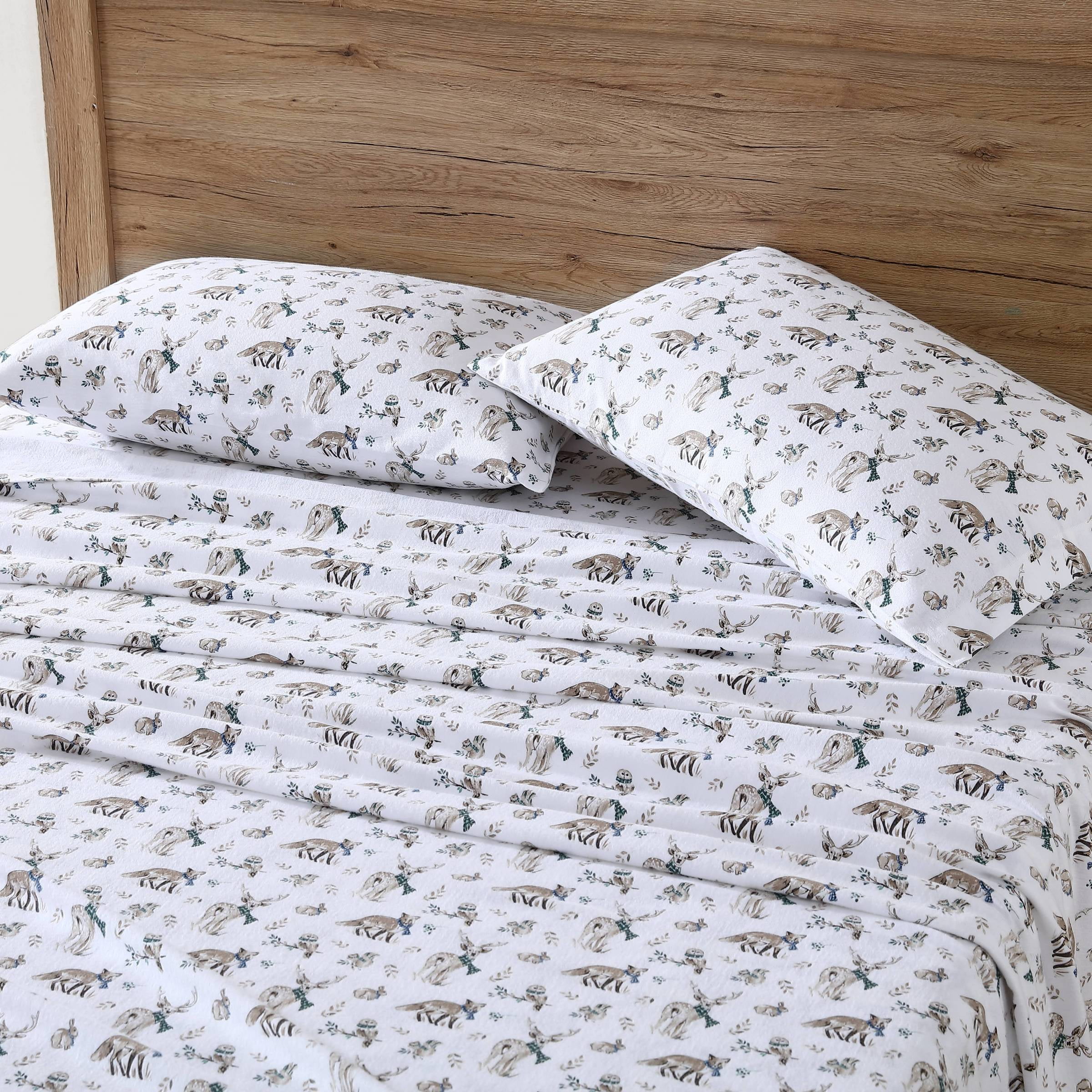 Eddie Bauer Woodland Friends White Cotton Flannel Twin Sheet Set ...