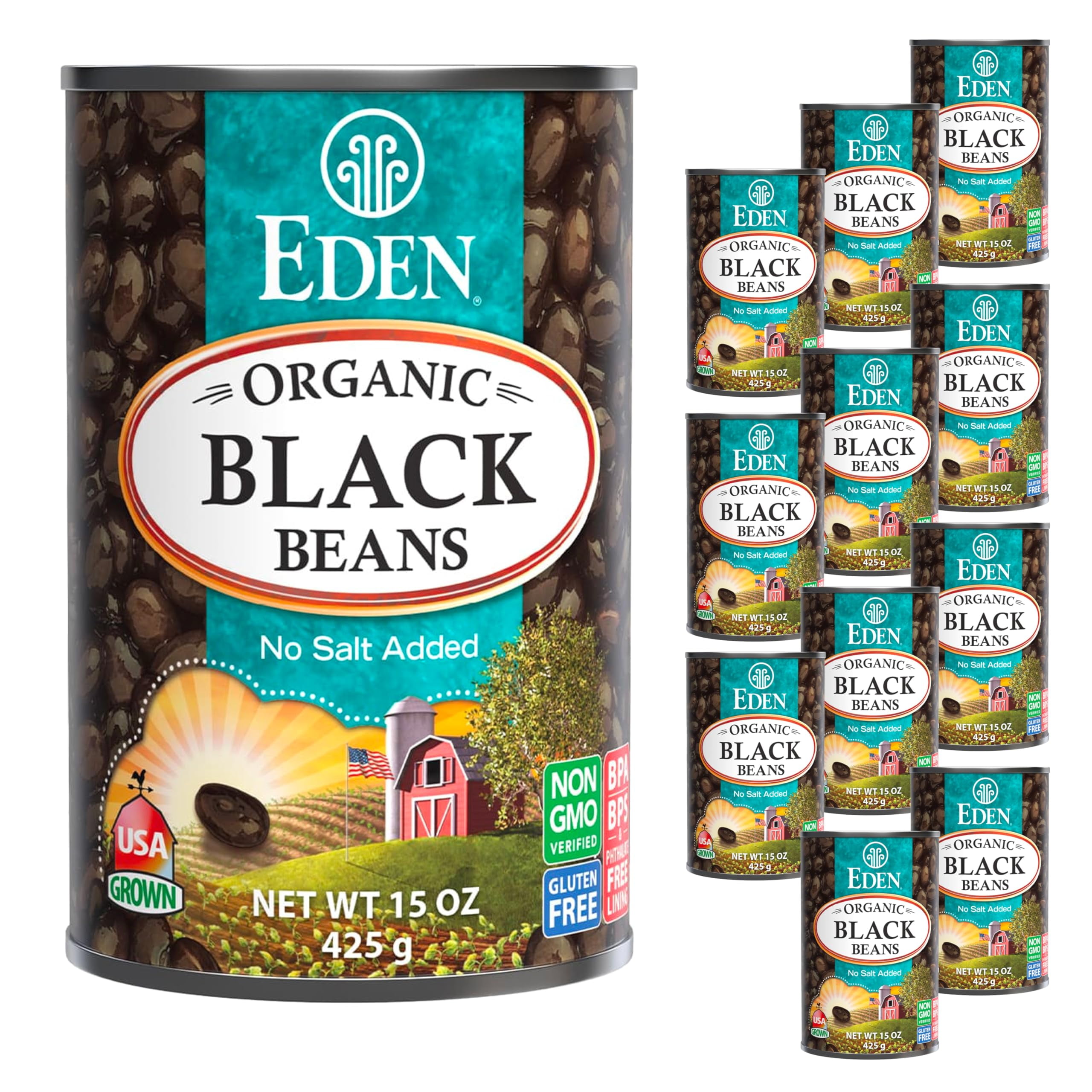 Eden Organic BlackTRDN Beans, 15 oz Can (12-Pack Case), No Salt Added, Non-GMO, U.S Grown, Heat ...