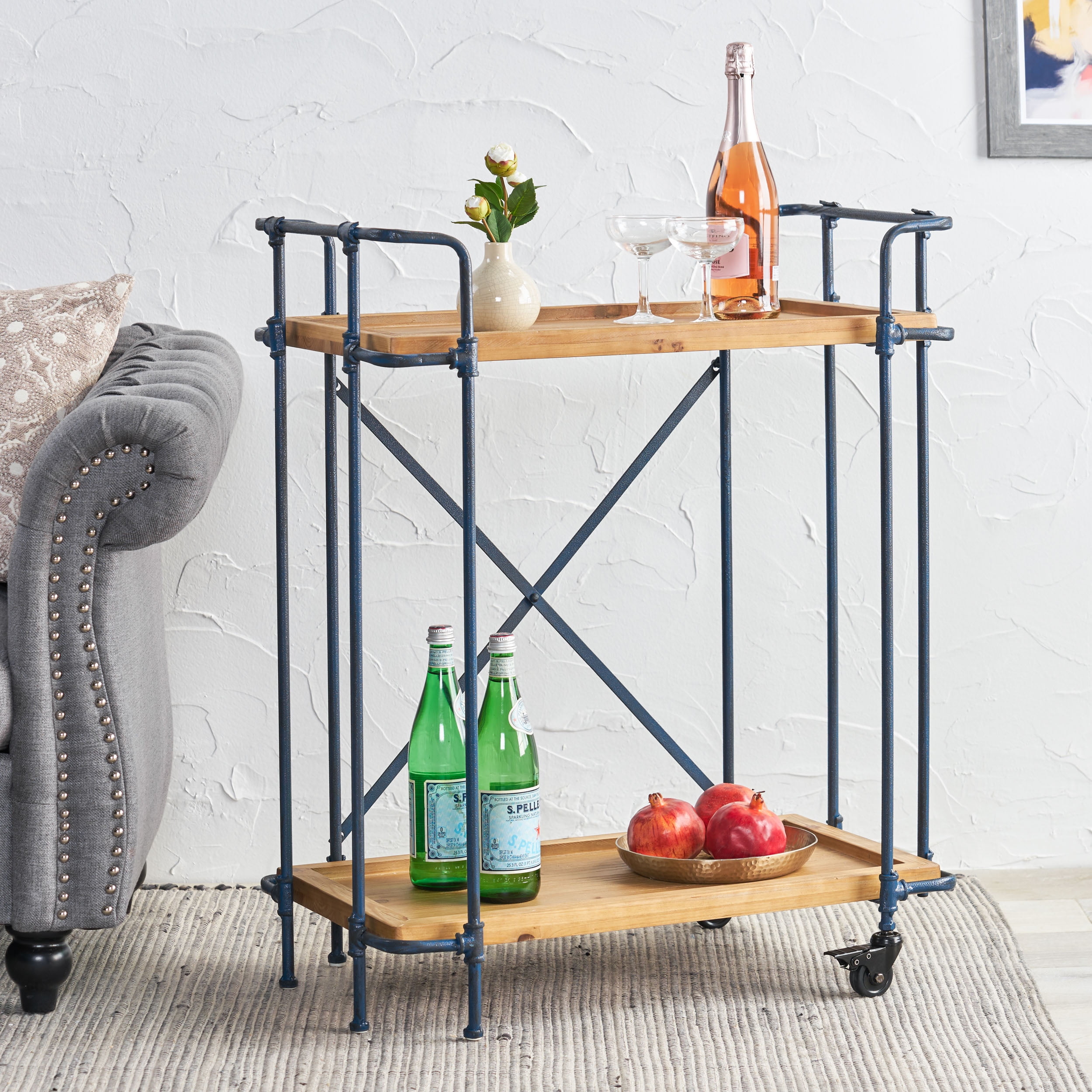 Eden Plummers Pipe Bar Cart,Blue+Brown Wood+Metal Furniture Dining ...
