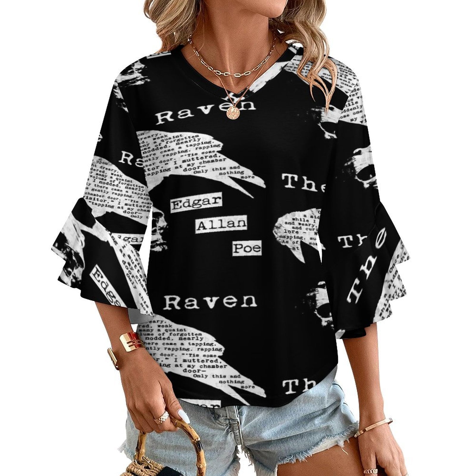 Edgar Allan Poe The Raven Poem Women's V-Neck Blouse With 3/4 Ruffled Bell Sleeves Casual Top ...