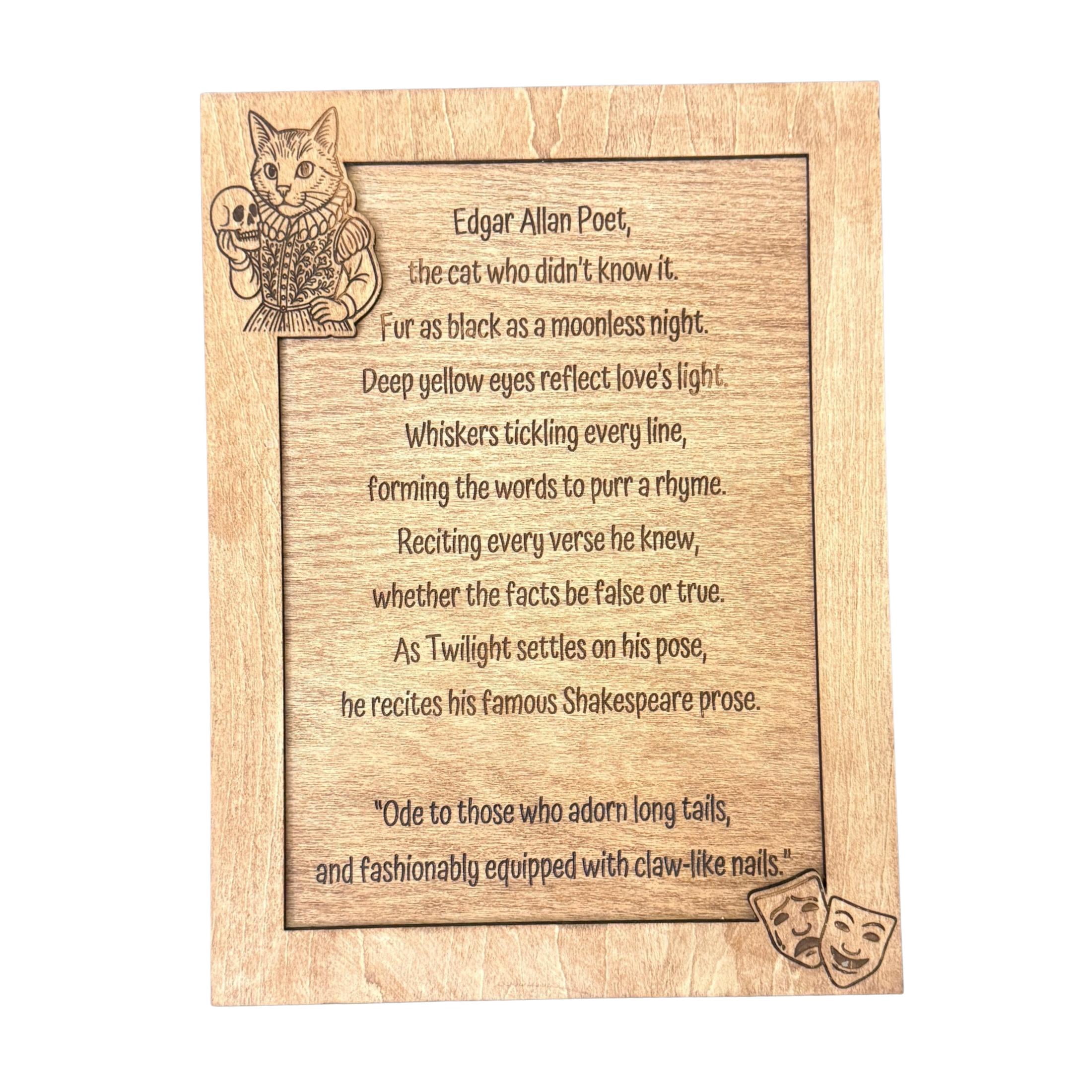 Edgar Allan Poet Cat Wall Décor – 11"x8.25" Engraved Wood Plaque with ...