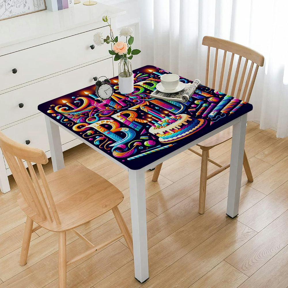 Edge Closing Tablecloth, Birthday Decor Elastic Edged Tablecloth, Cartoon Happy Birthday Party ...