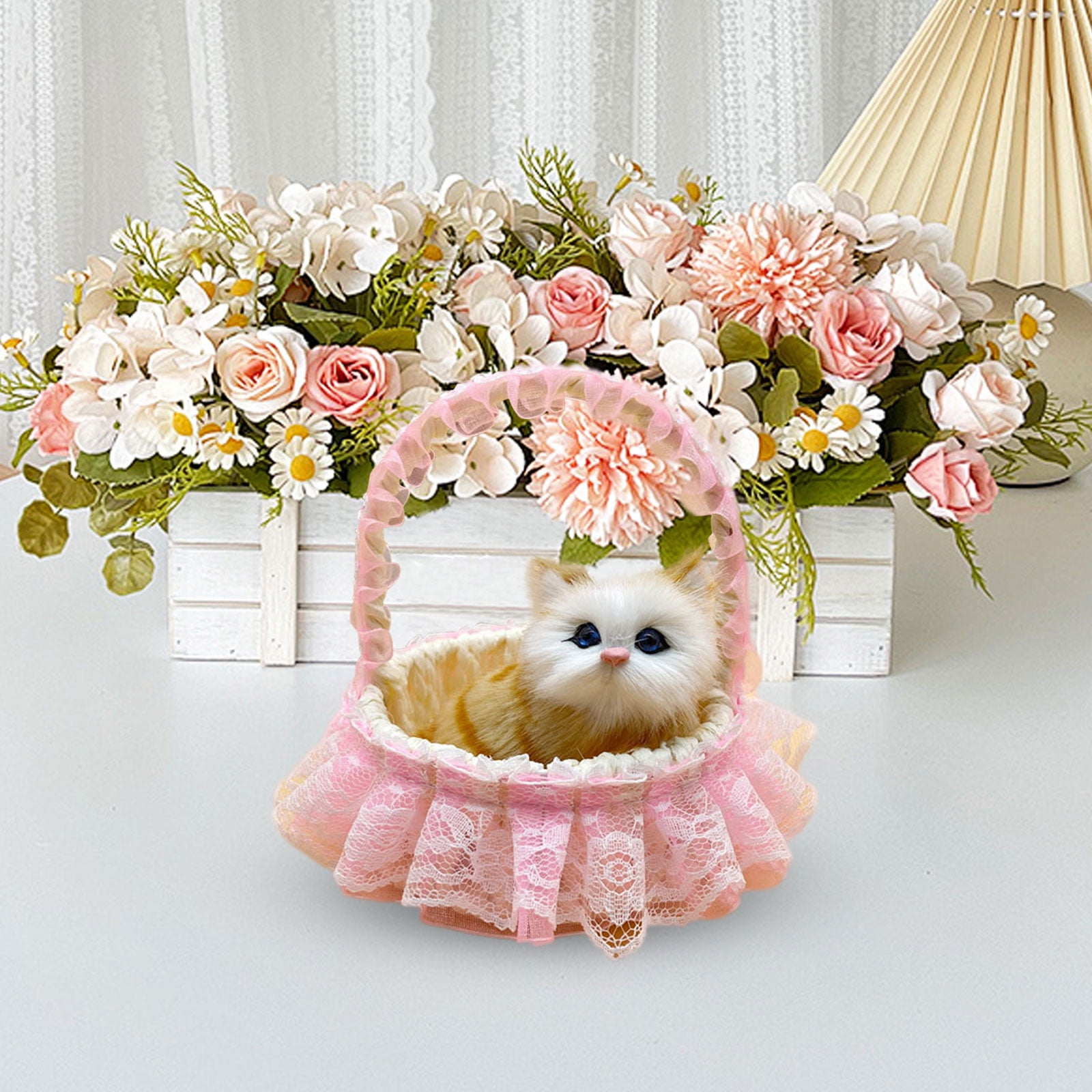 Edgergery Cute Artificial Cat,Sleeping Cat in Pink Lace Basket Doll ...