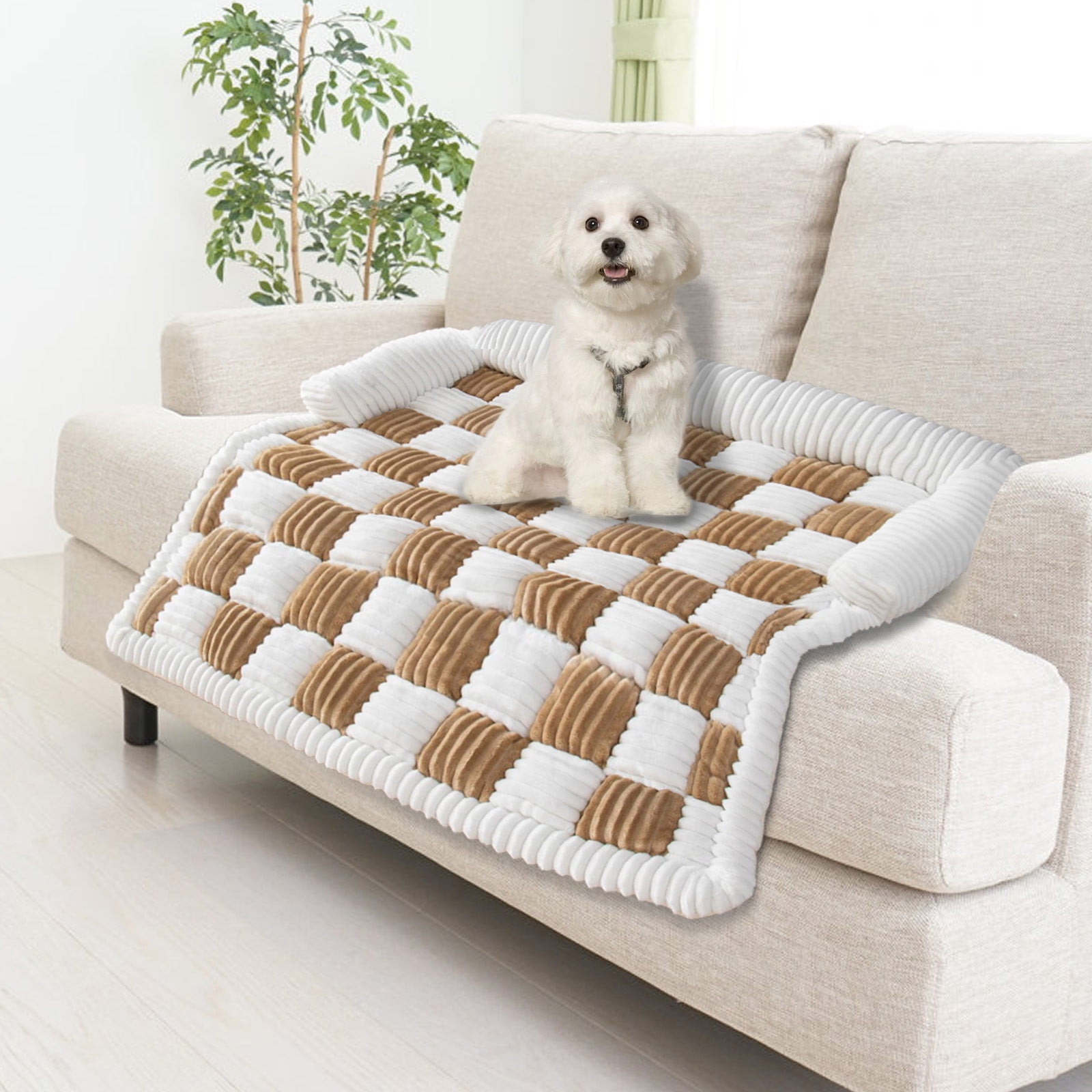 Edgergery Plush Pet Mat,Winter Khaki White Plaid Dog Bed,27.5 Inch ...
