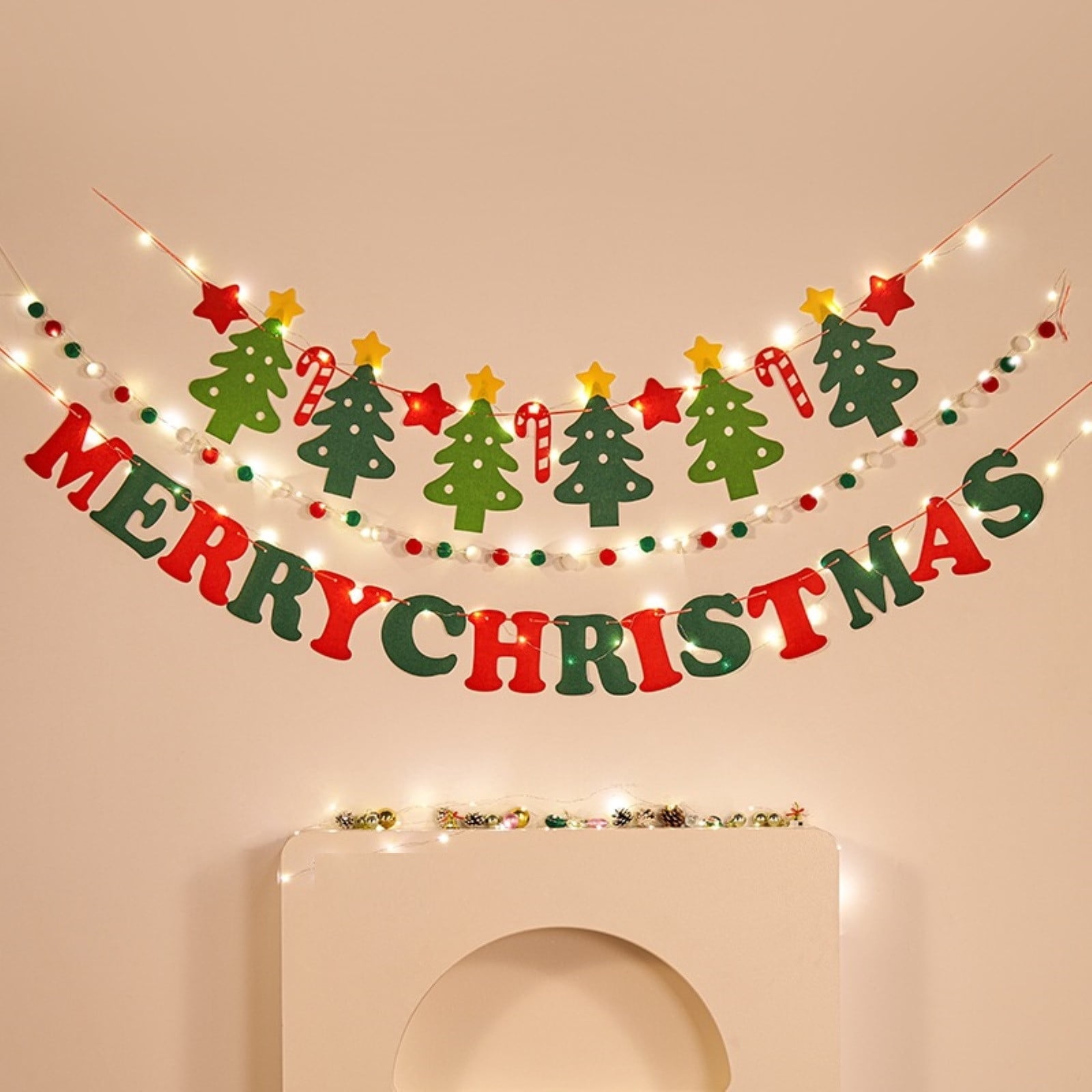 Pre-Strung Merry Christmas Banner,Xmas Felt Fabric Banner(with Lights ...
