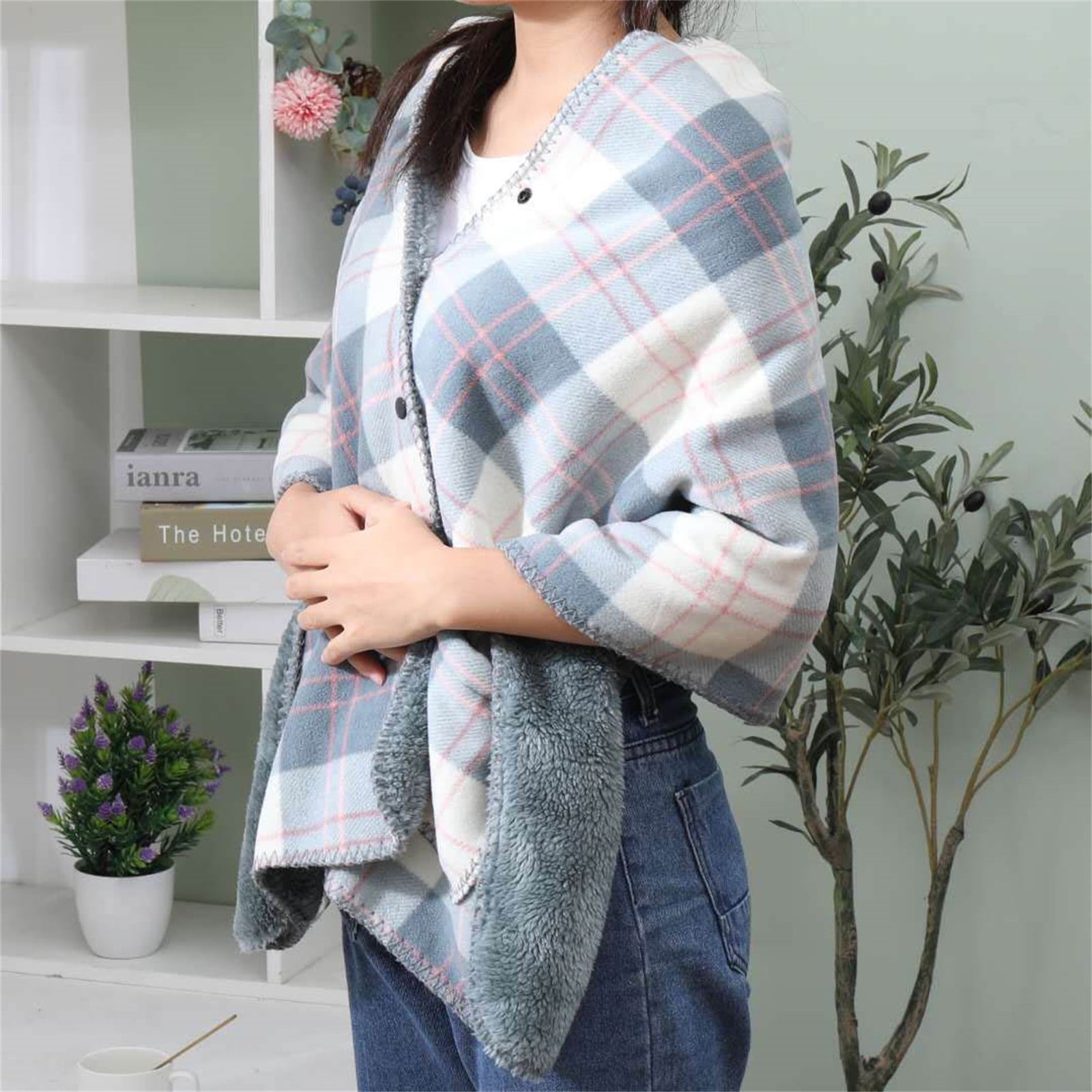 Winter Shawl Blanket for Women,BLue Wearable Plaid Blanket,Poncho Throw ...