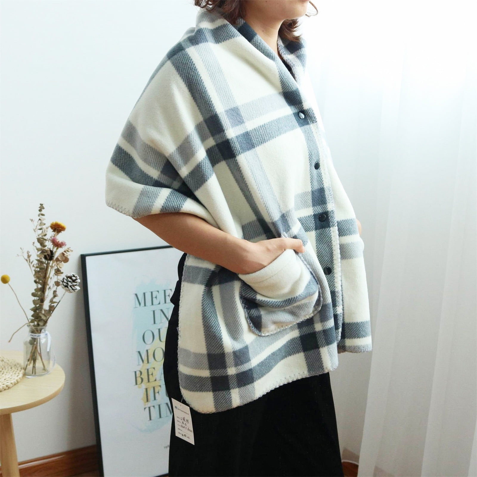 Winter Shawl Blanket for Women,White Wearable Plaid Blanket,Poncho ...