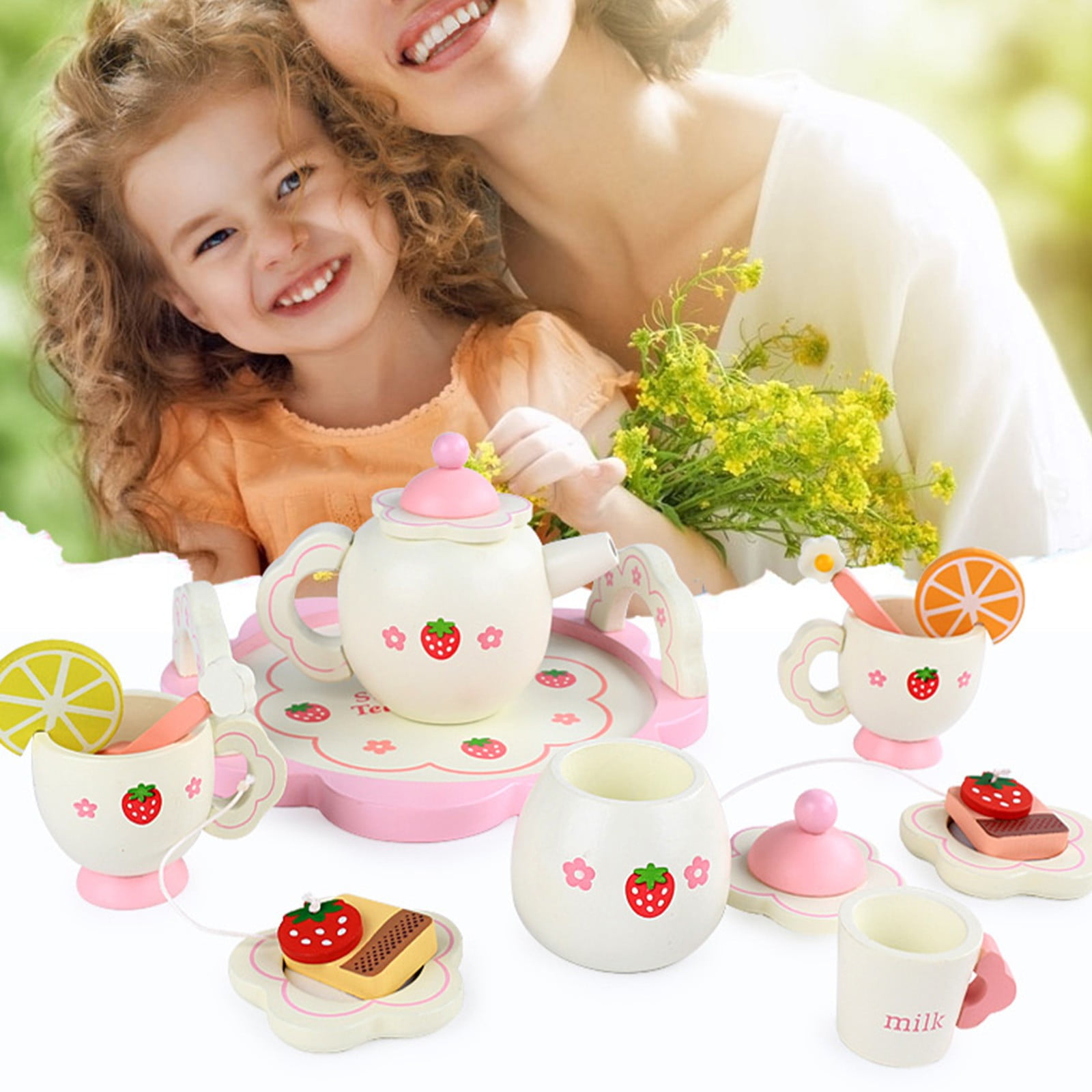 Edgergery Wooden Tea Party Set for Toddler,Little Girls 3-5 with Teapot ...