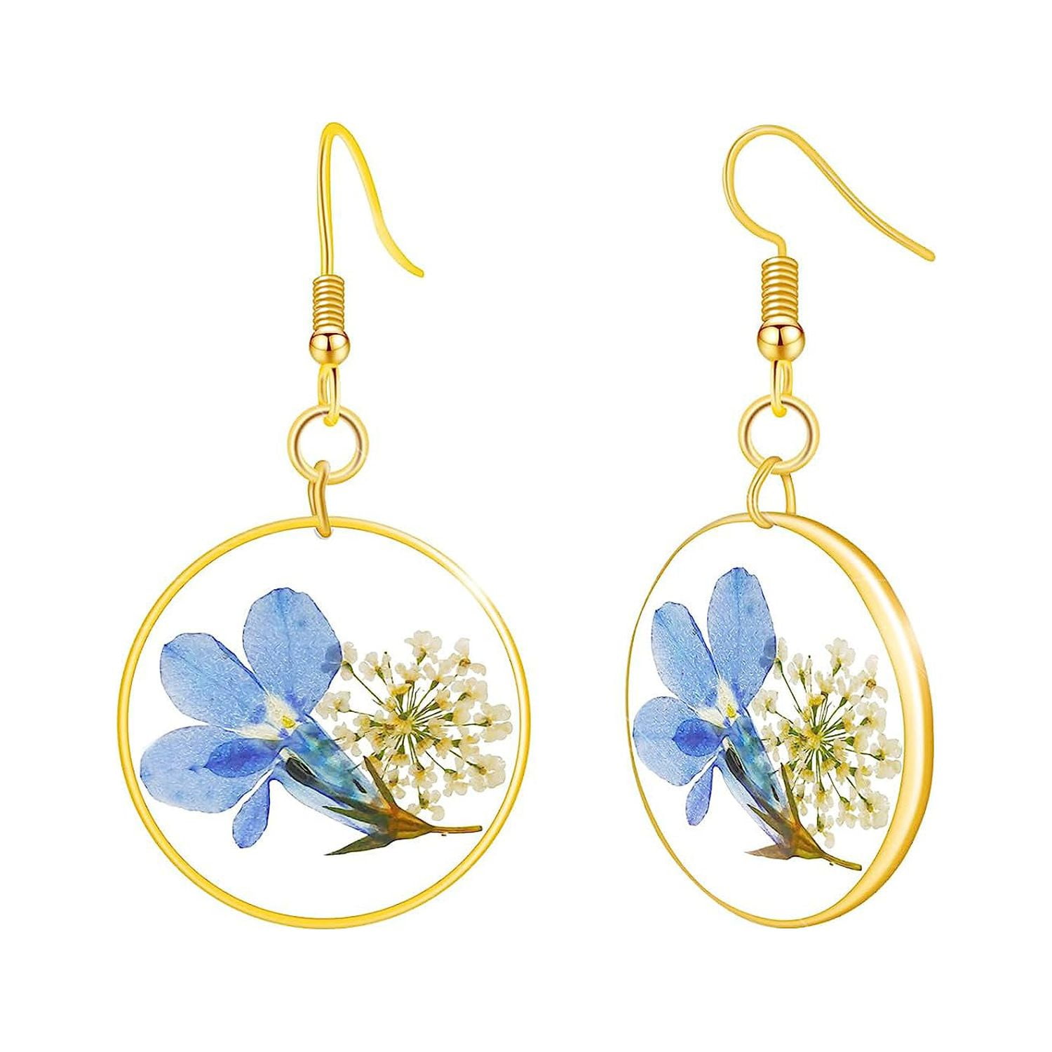 Edging Lobelia And Queen Anne'S Lace Pressed Flower Earrings Gold Large Round Pressed Flower ...