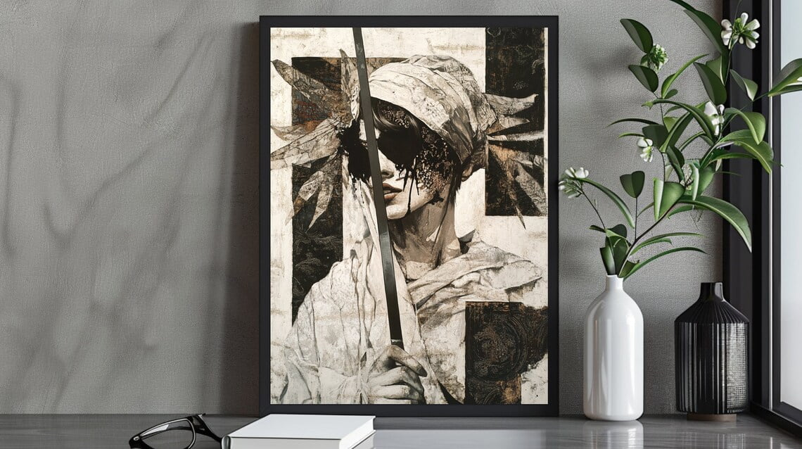 Edgy Abstract Samurai Girl Art Print, Modern Warrior With Sword, Black ...
