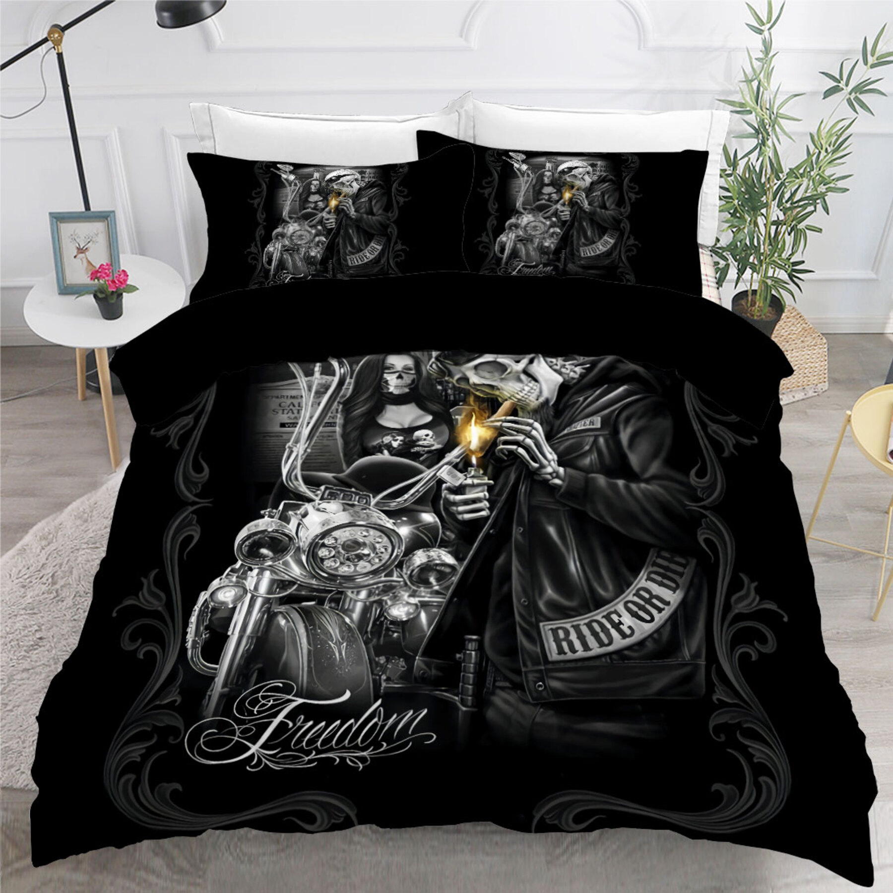 Edgy Biker Bedding Set Black & Grayscale Design with Curvaceous Woman ...