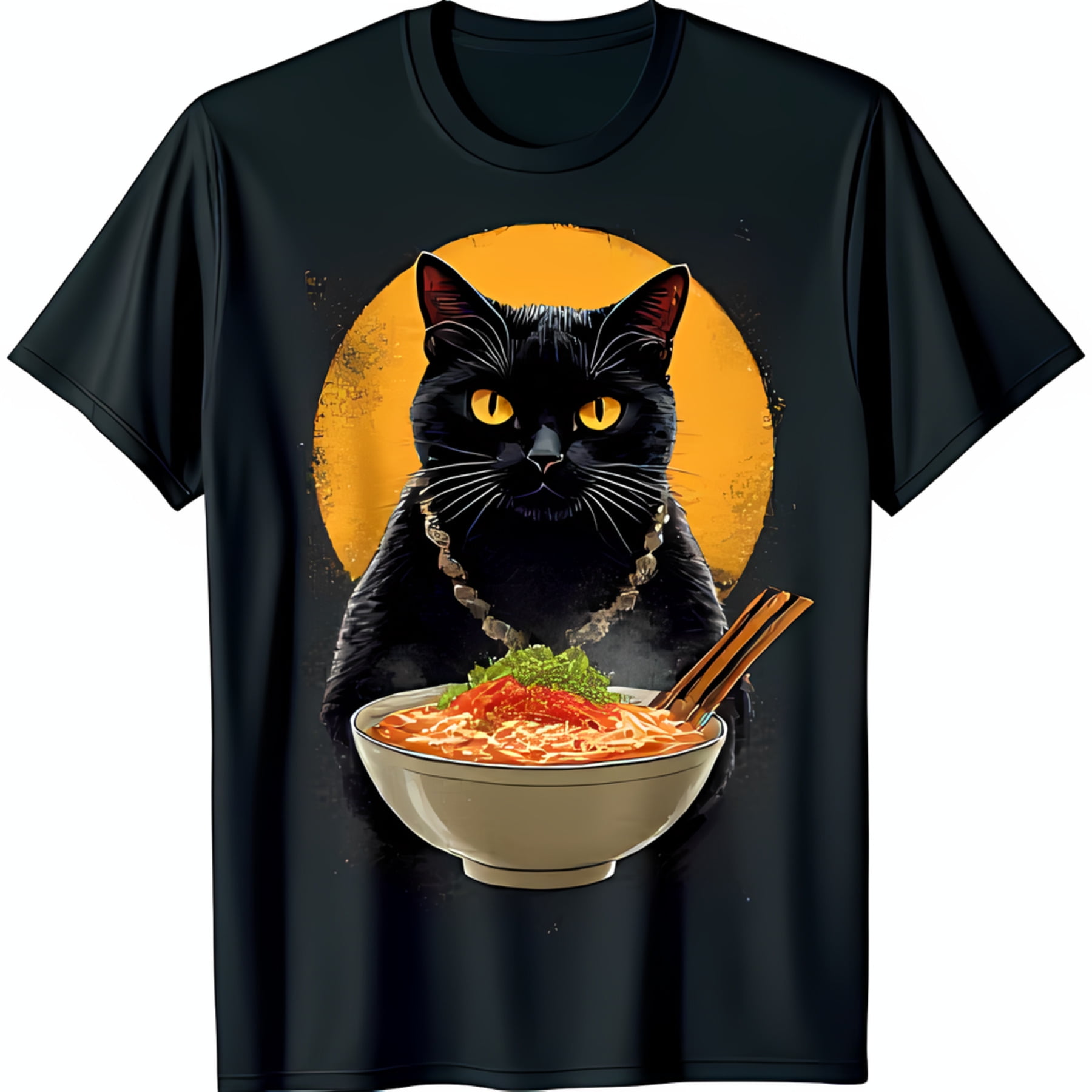 Edgy Black Cat Graphic Tee: Gangster Cat with Ramen Design - Walmart.com
