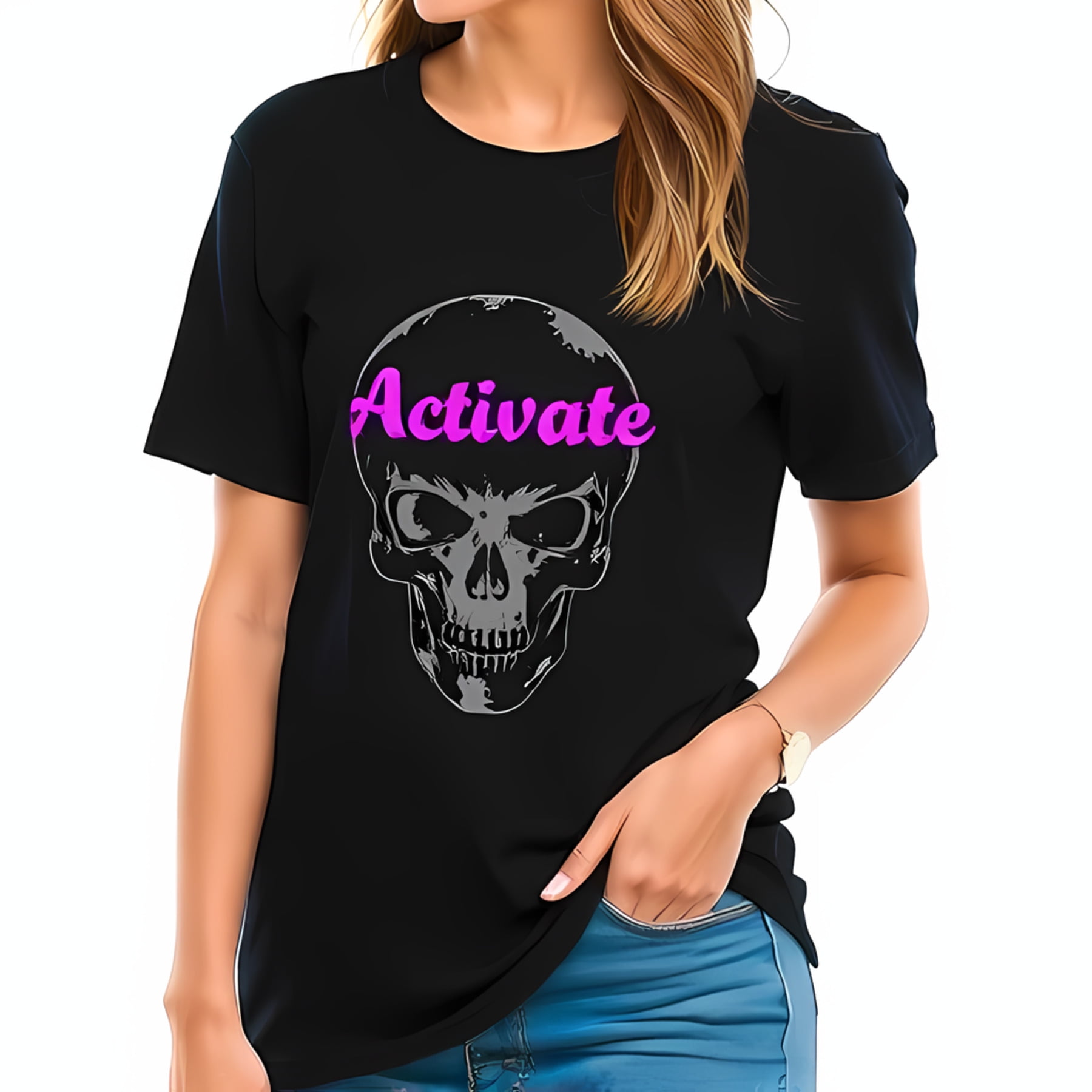 Edgy Black Cotton Short Sleeve T-Shirt with Bold Graphic and Pink 'Activate' Lettering ...