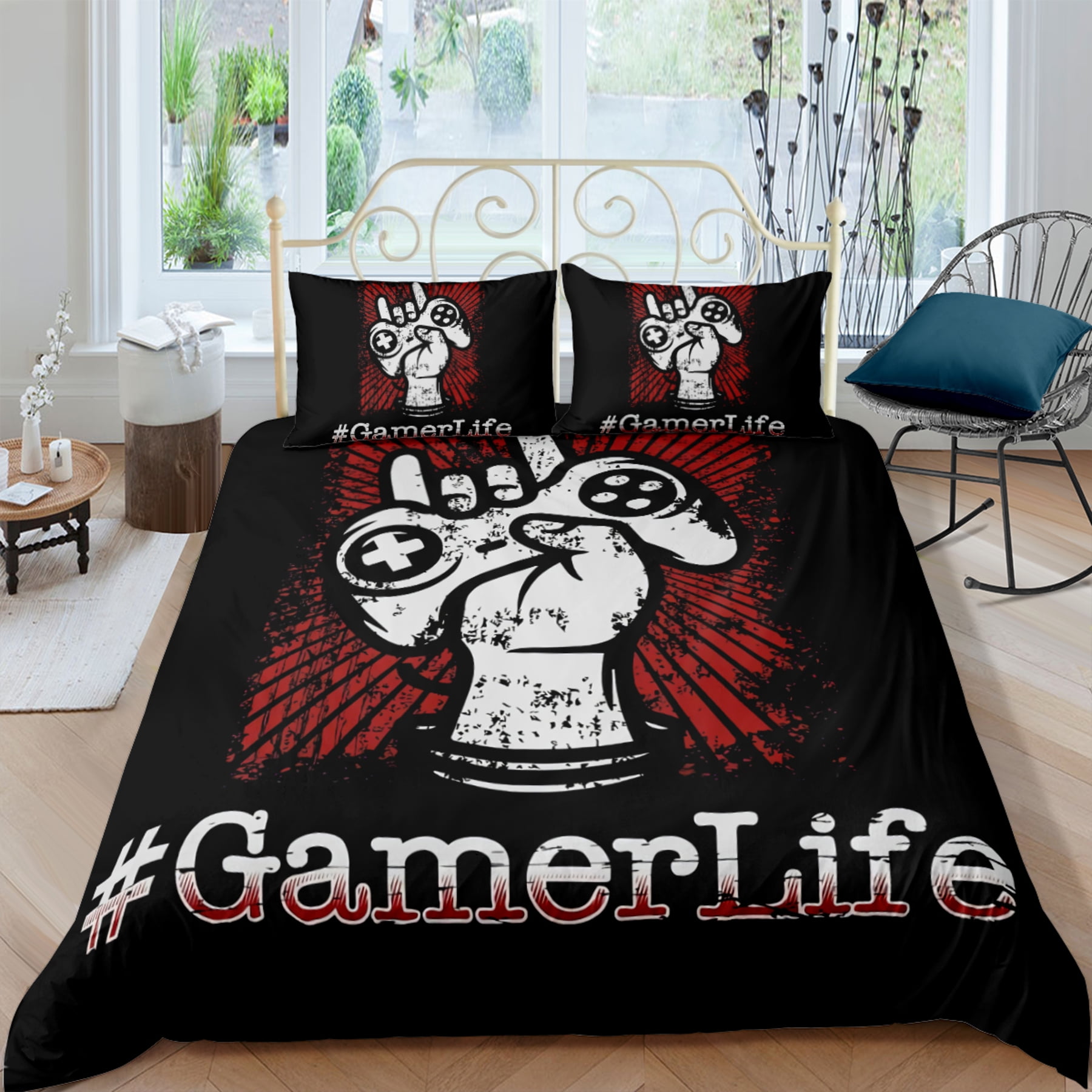 Edgy Black Gamer Bedding Set with Graphic Hand & Controller Design ...