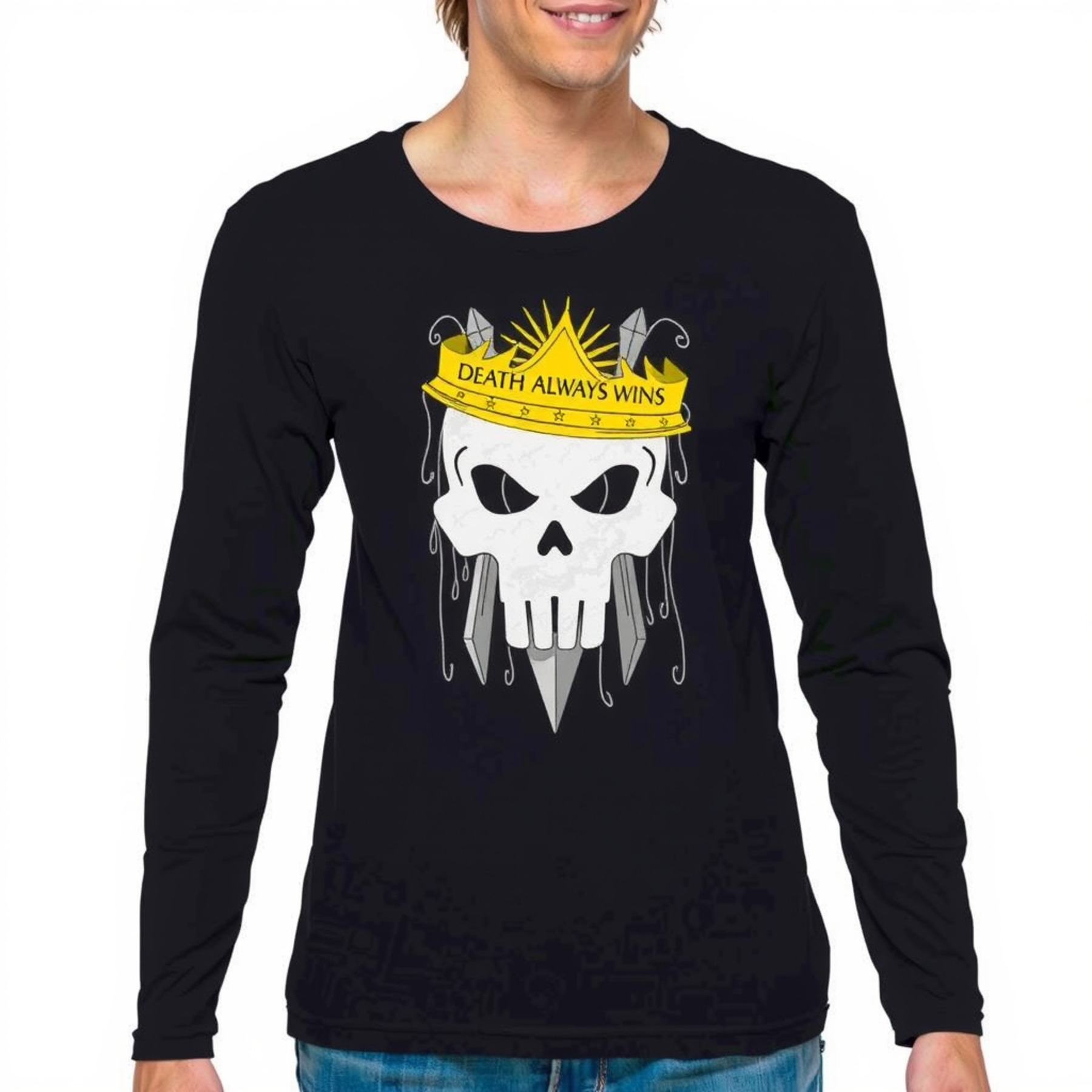 Edgy Black Long Sleeve T-Shirt with Crown Design - "Death Always Wins ...