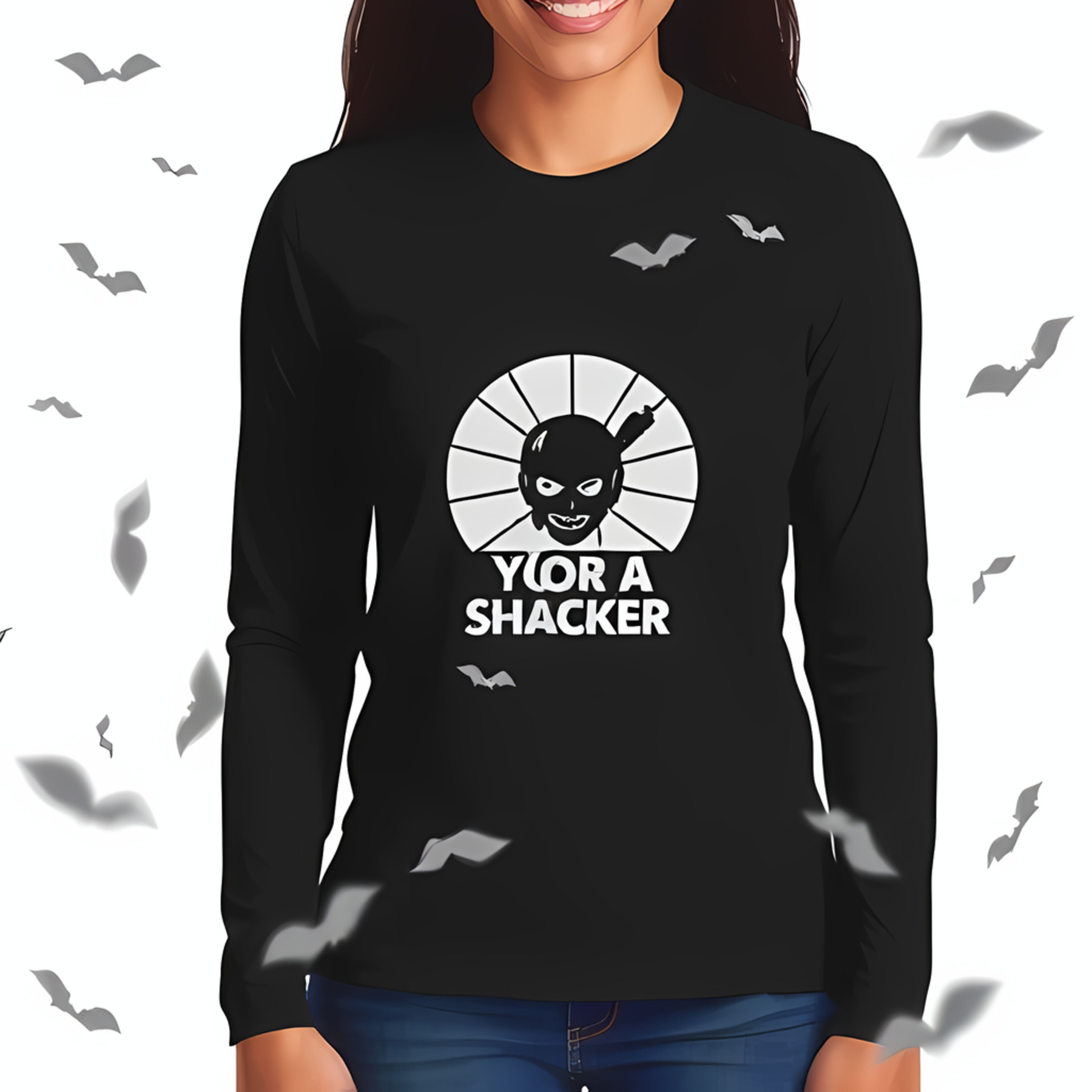 Edgy Black Long Sleeve T-Shirt with Graphic & "YOR A SHACKER ...