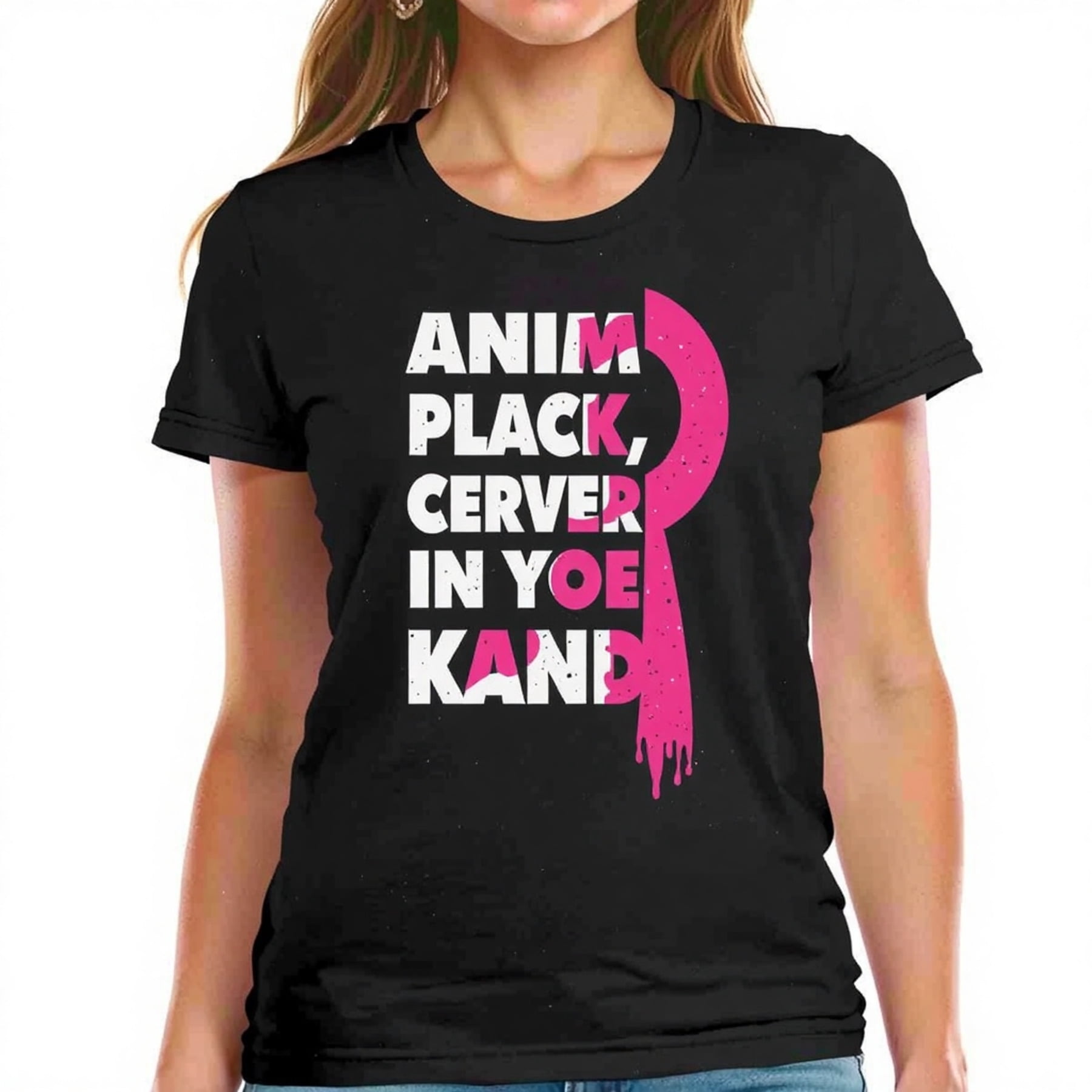 Edgy Black T-Shirt with Dripping Pink Ribbon Graphic - Bold Statement ...