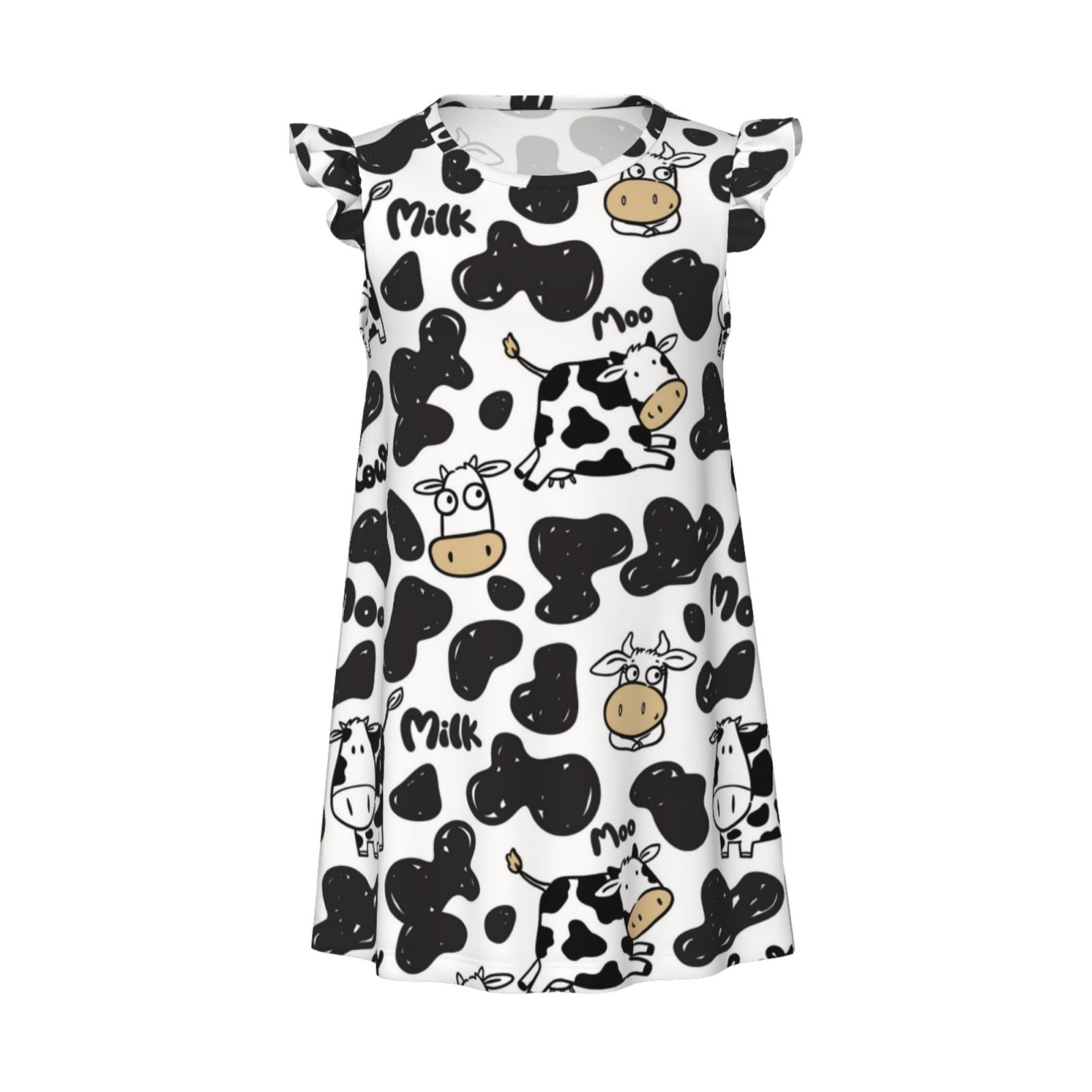 Edgy Cartoon Cute Cow Black White Girls Nightgowns, Short Sleeves Dress ...