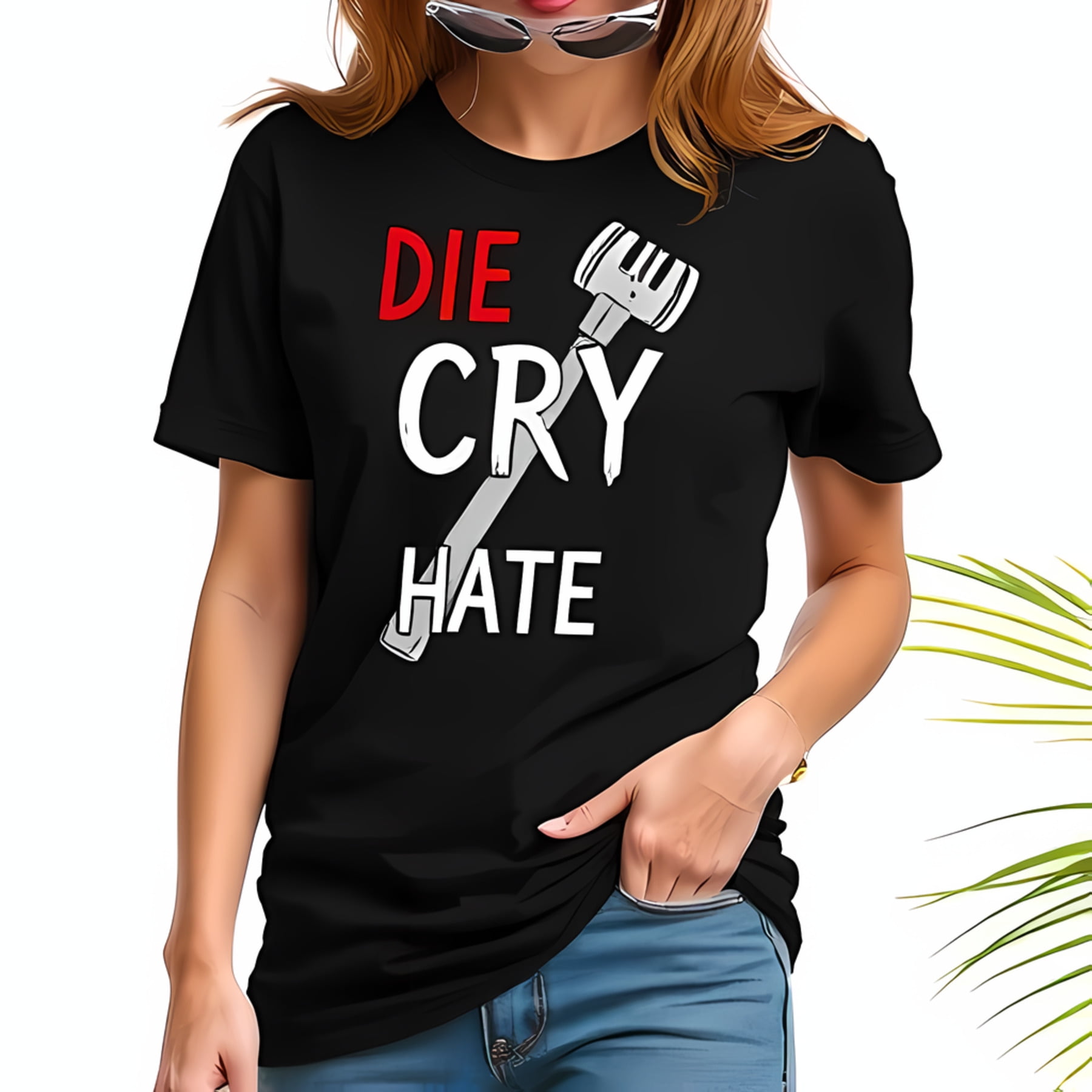 Edgy Cotton Short Sleeve T-Shirt with 'DIE CRY HATE' Graphic & Crossed ...