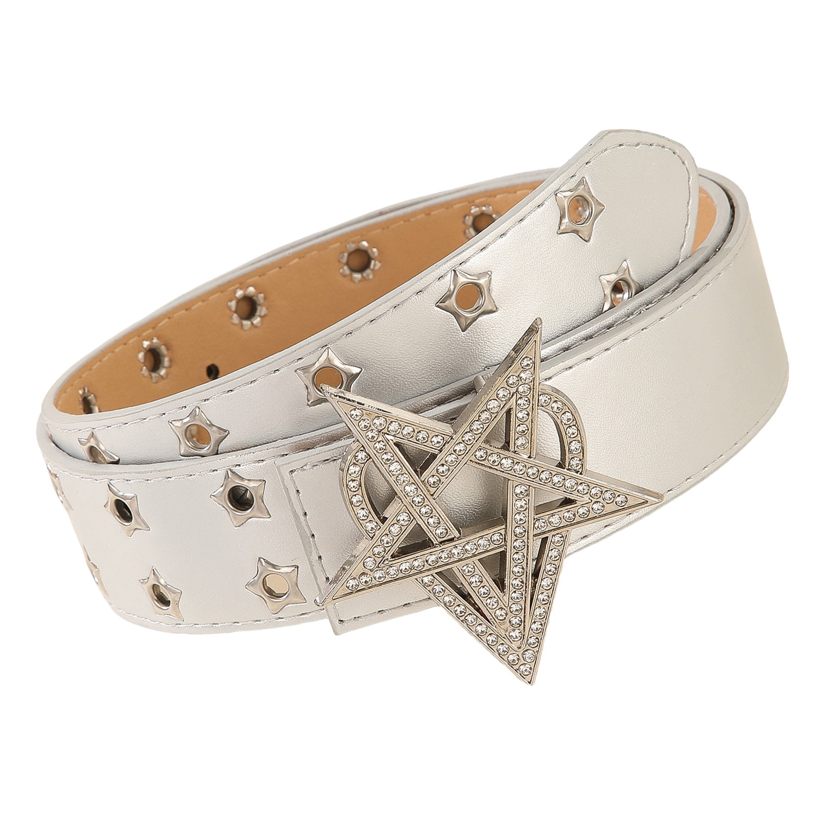 Edgy Double Row Clasp Belt with Heart Star Rhinestones Punk Design PU ...