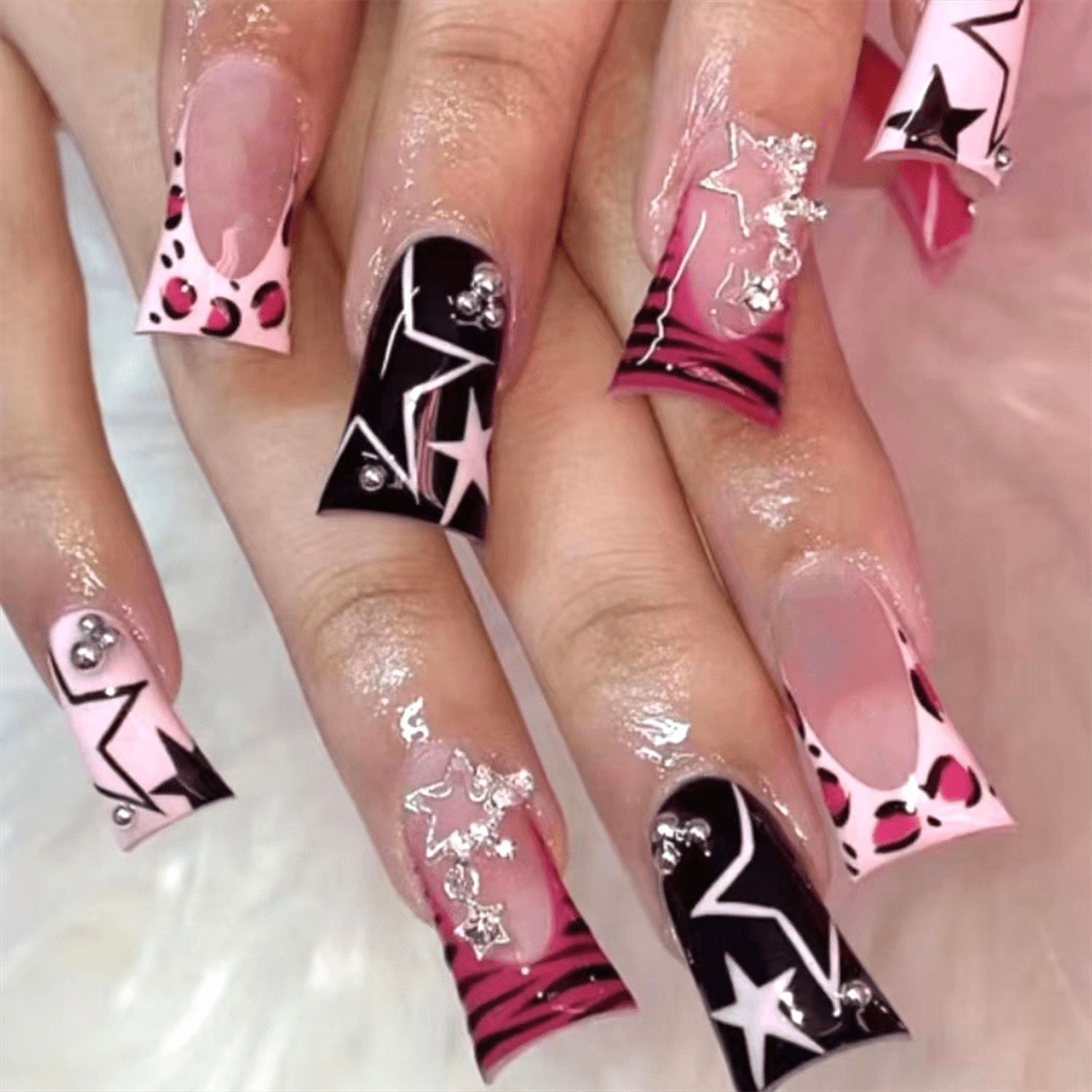 Edgy European Press-on Nails: Leopard French Tips with Star Charms ...